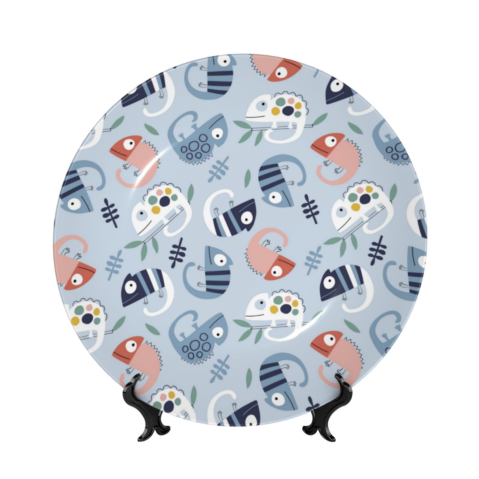 Daiia Cute Chameleons On Blue Printed Pattern Ceramic Plate Dinner ...