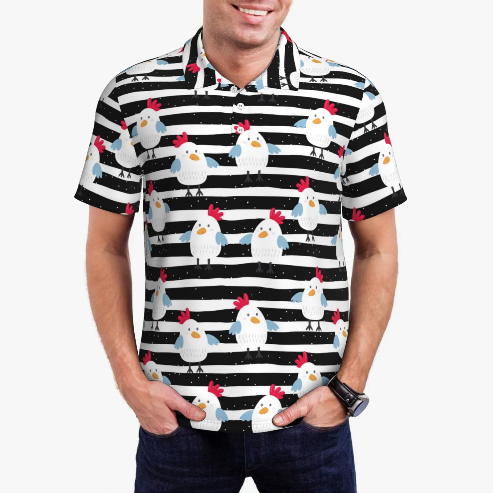 Daiia Cute Chicken Pattern Men’s Polo Shirts,Solid Deck Shirt,Classic ...