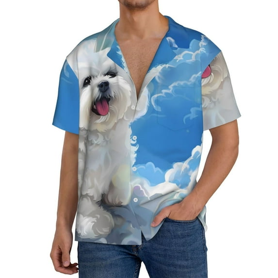 Daiia Cute Cloud Bichon Frise Men's Linen Shirts Short Sleeve Casual ...