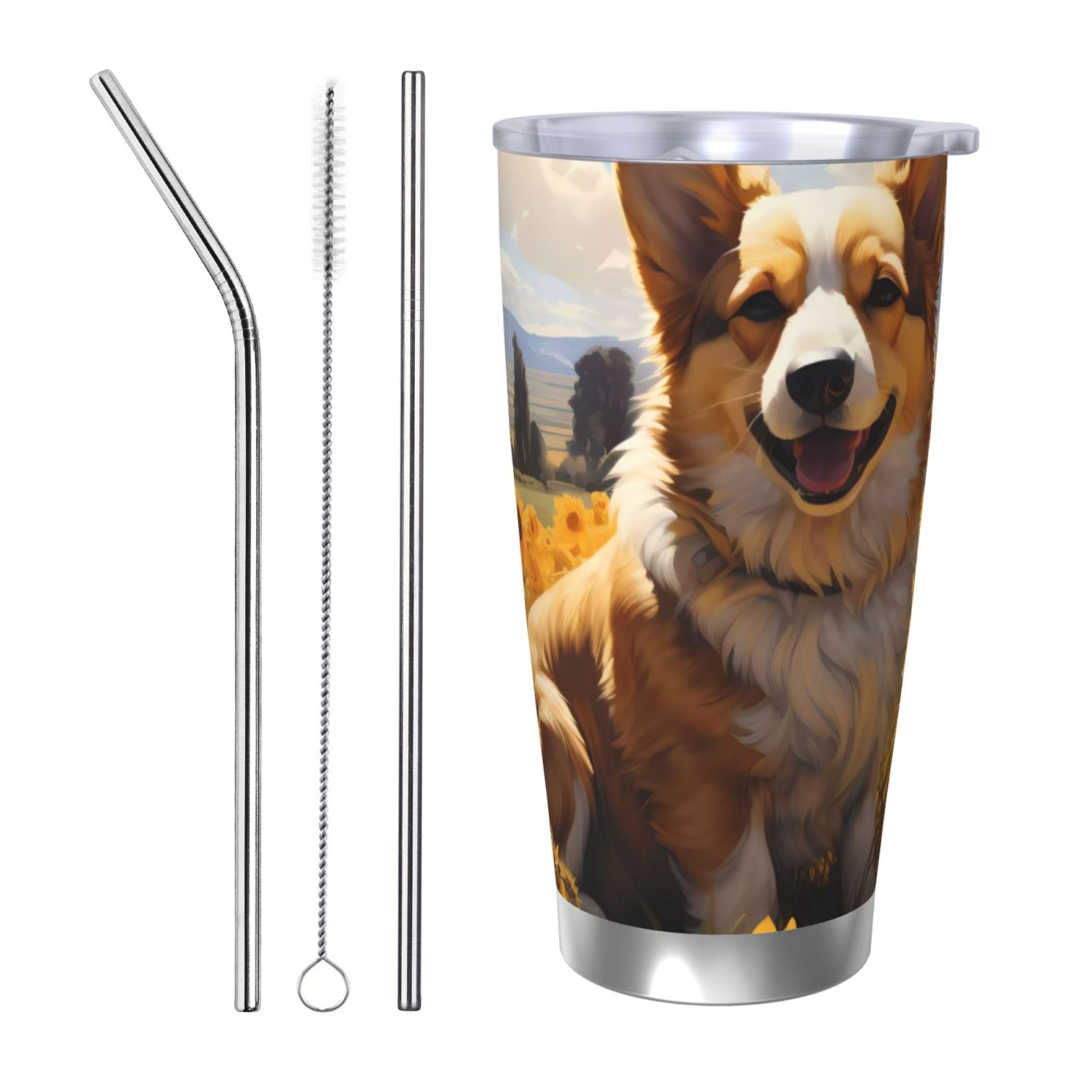 Daiia Cute Corgi Sunflower Printed 20oz Insulated Coffee Cup with Straw ...