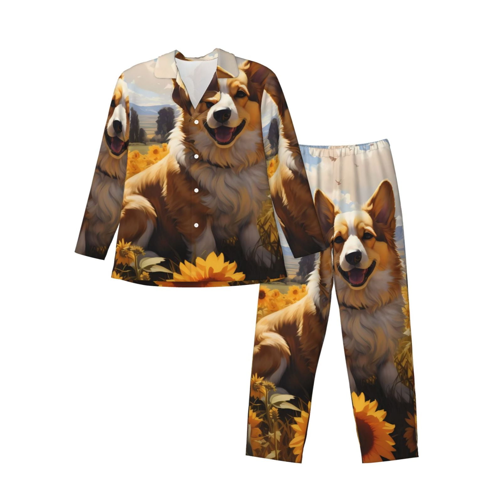 Daiia Cute Corgi Sunflower for Men's Long-Sleeved Pajama Set – Soft ...