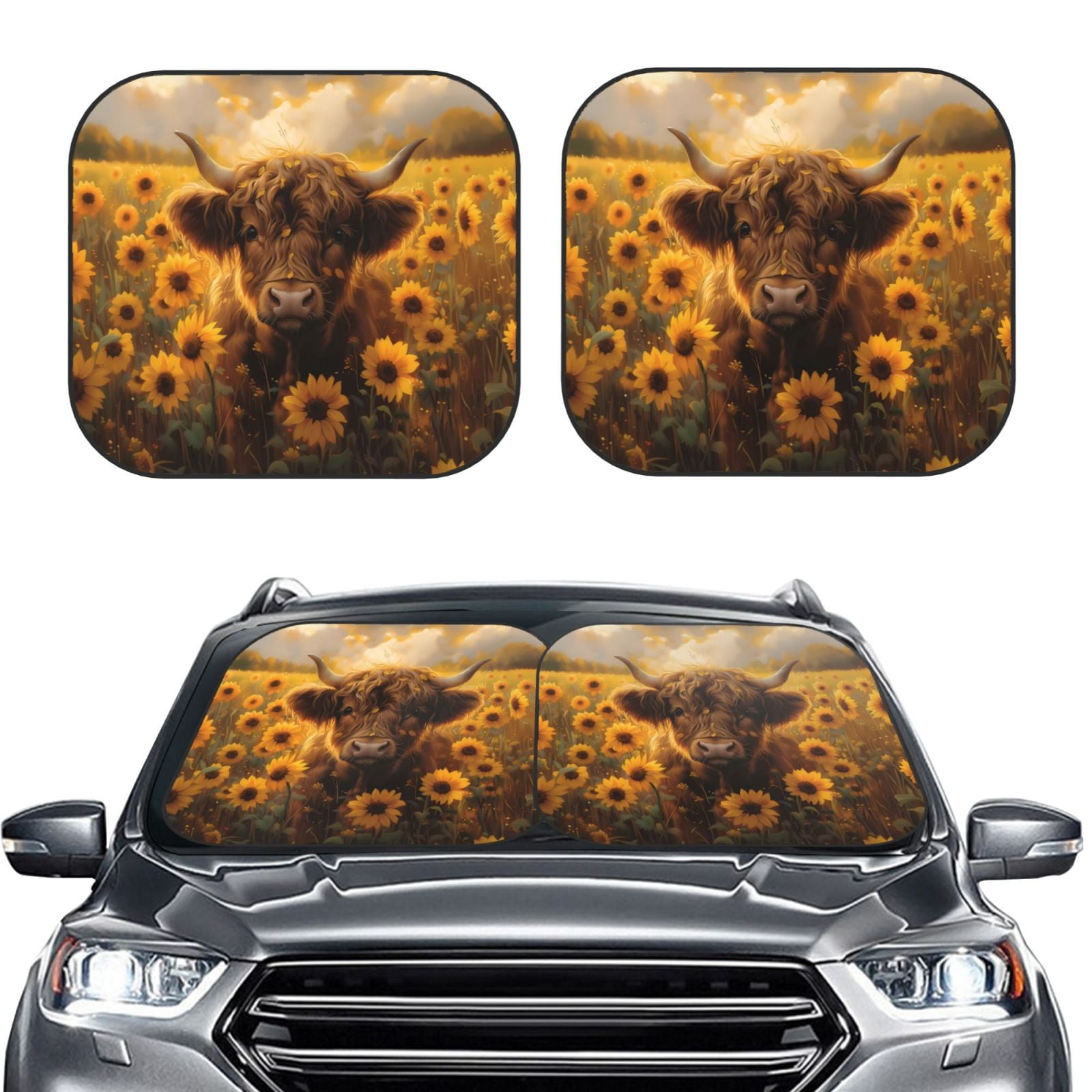 Daiia Cute Cow Sunflower Field 2PCS Car Windshield Sun Shade, Foldable ...
