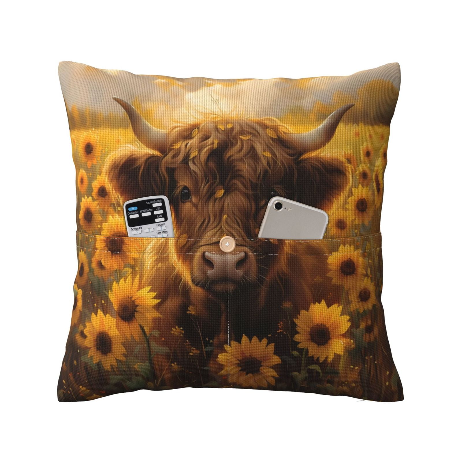 Daiia Cute Cow Sunflower Field Pattern Linen Decorative Throw Pillow ...