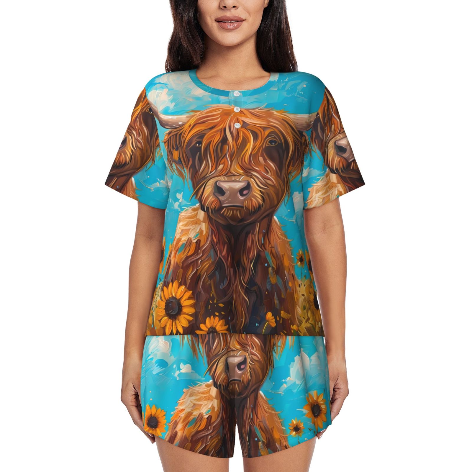 Daiia Cute Cow Sunflowers Art Pattern Womens Pajama Sets Short Sleeve ...