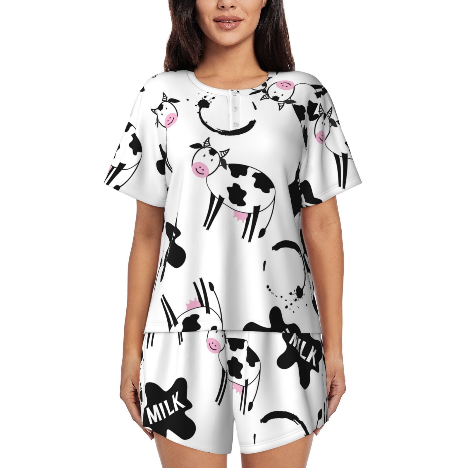 Daiia Cute Cow and Milk Stains Pattern Womens Pajama Sets Short Sleeve ...