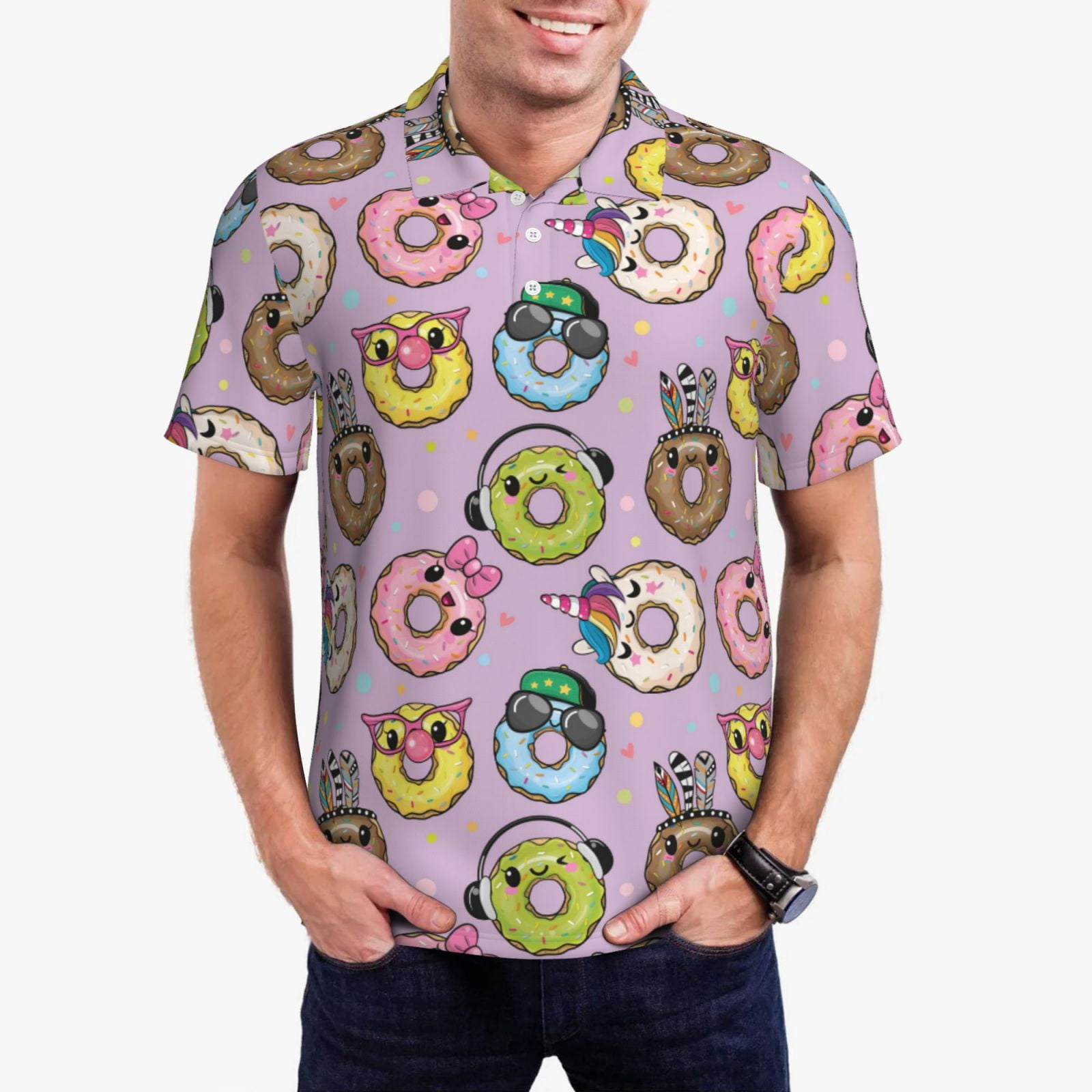 Daiia Cute Donuts Pattern Men’s Polo Shirts,Solid Deck Shirt,Classic ...