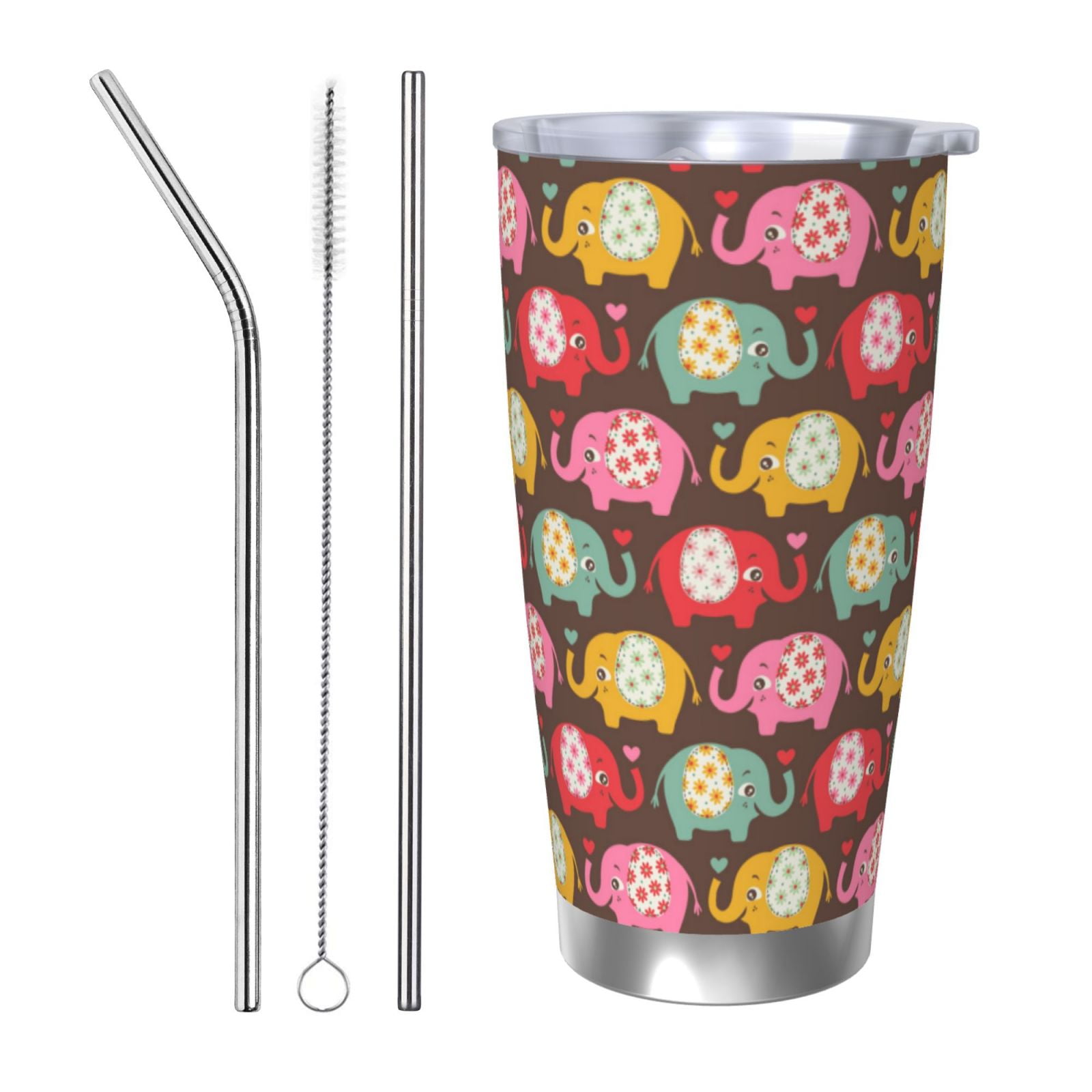 Daiia Cute Elephants Printed 20oz Insulated Coffee Cup with Straw ...