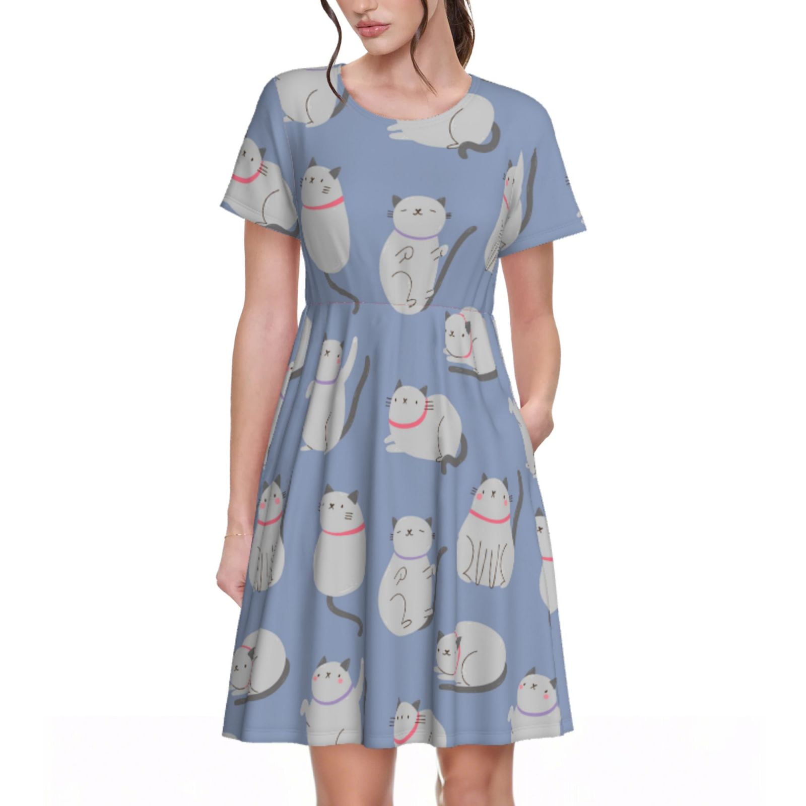 Daiia Cute Fat Cat Print Women's Dresses 2025 Trendy Short sleeve ...