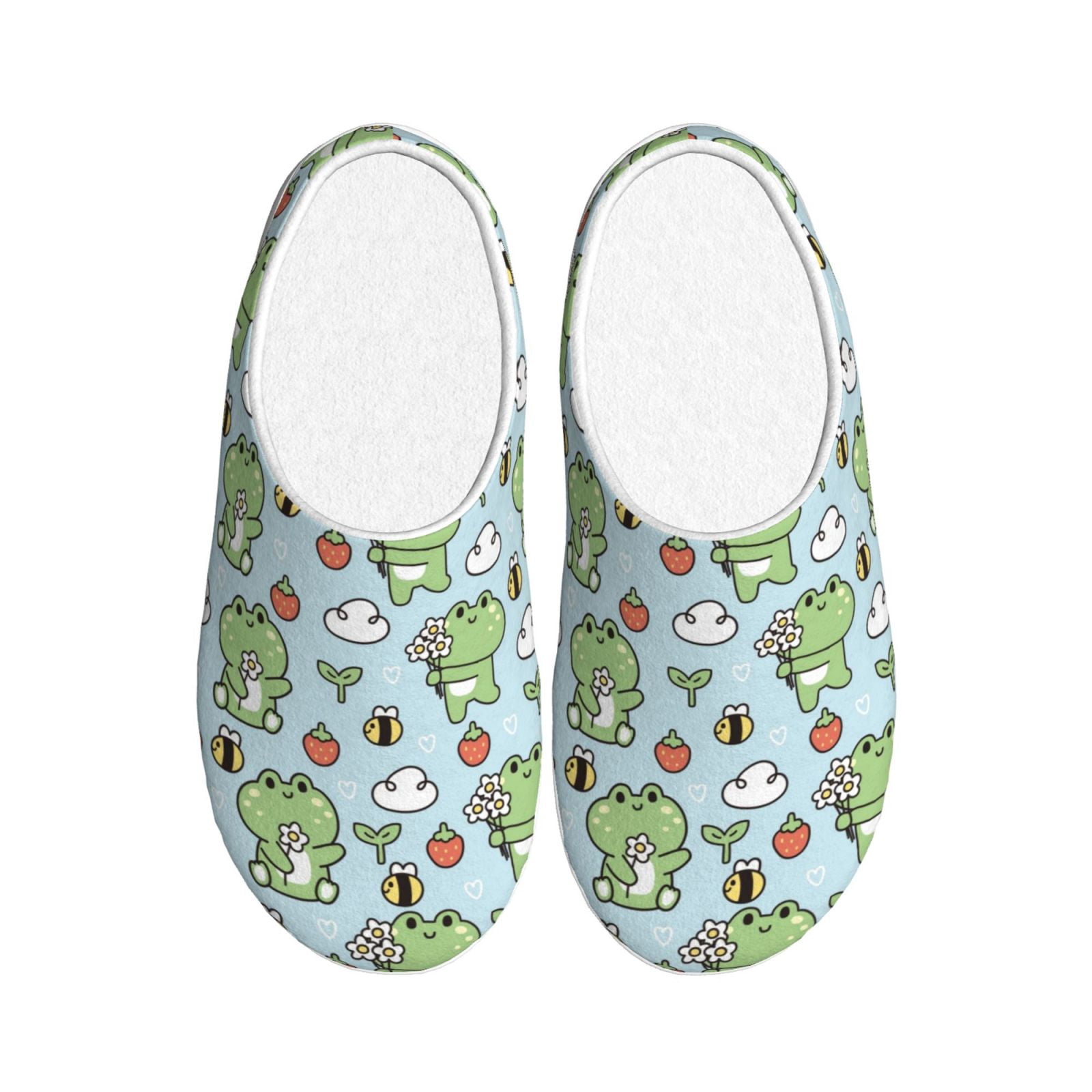 Daiia Cute Floral Frog Print Women’s Fuzzy Slippers Memory Foam ...