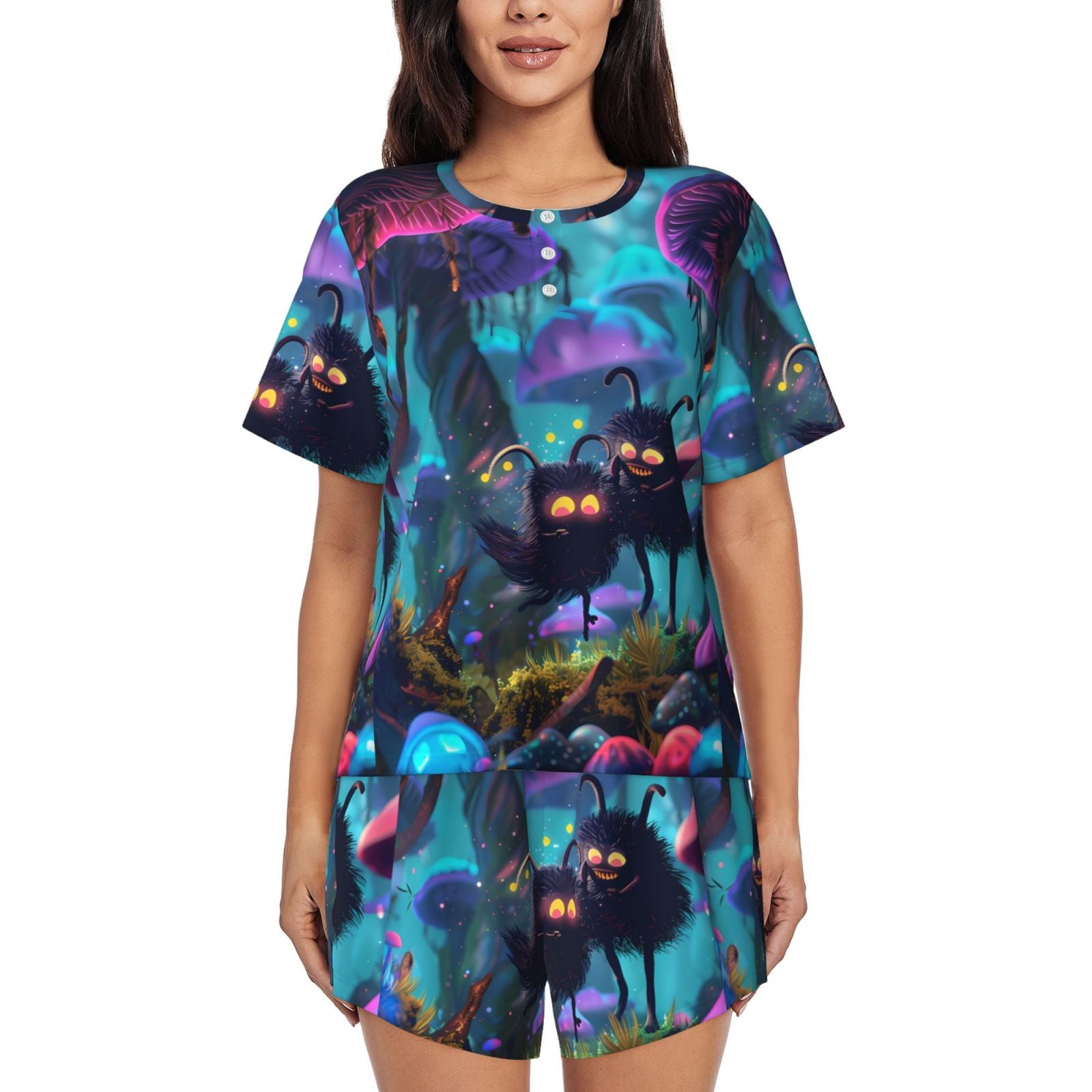 Daiia Cute Fuzzy Fantasy Creatures Pattern Womens Pajama Sets Short ...