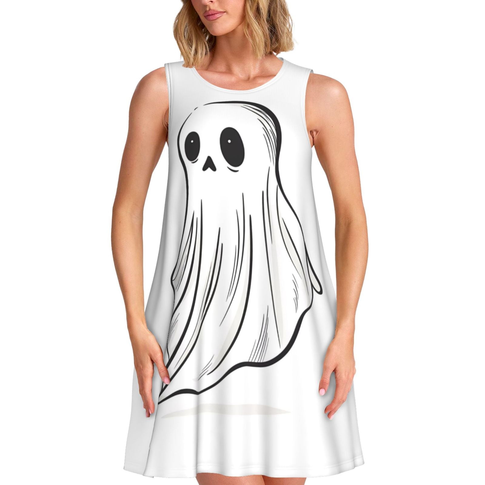 Daiia Cute Ghost Simple Drawing Print Women's Dresses 2025 Trendy Short sleeve Dresses Casual ...