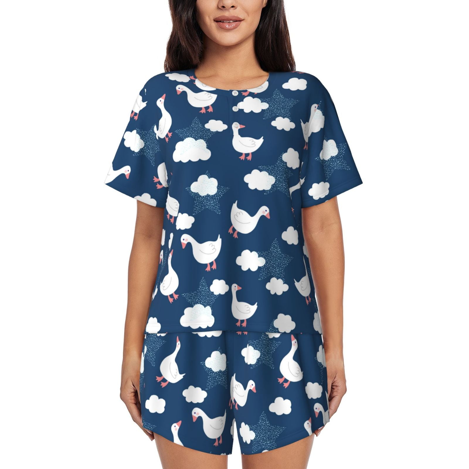 Daiia Cute Goose On Blue Sky Pattern Womens Pajama Sets Short Sleeve ...