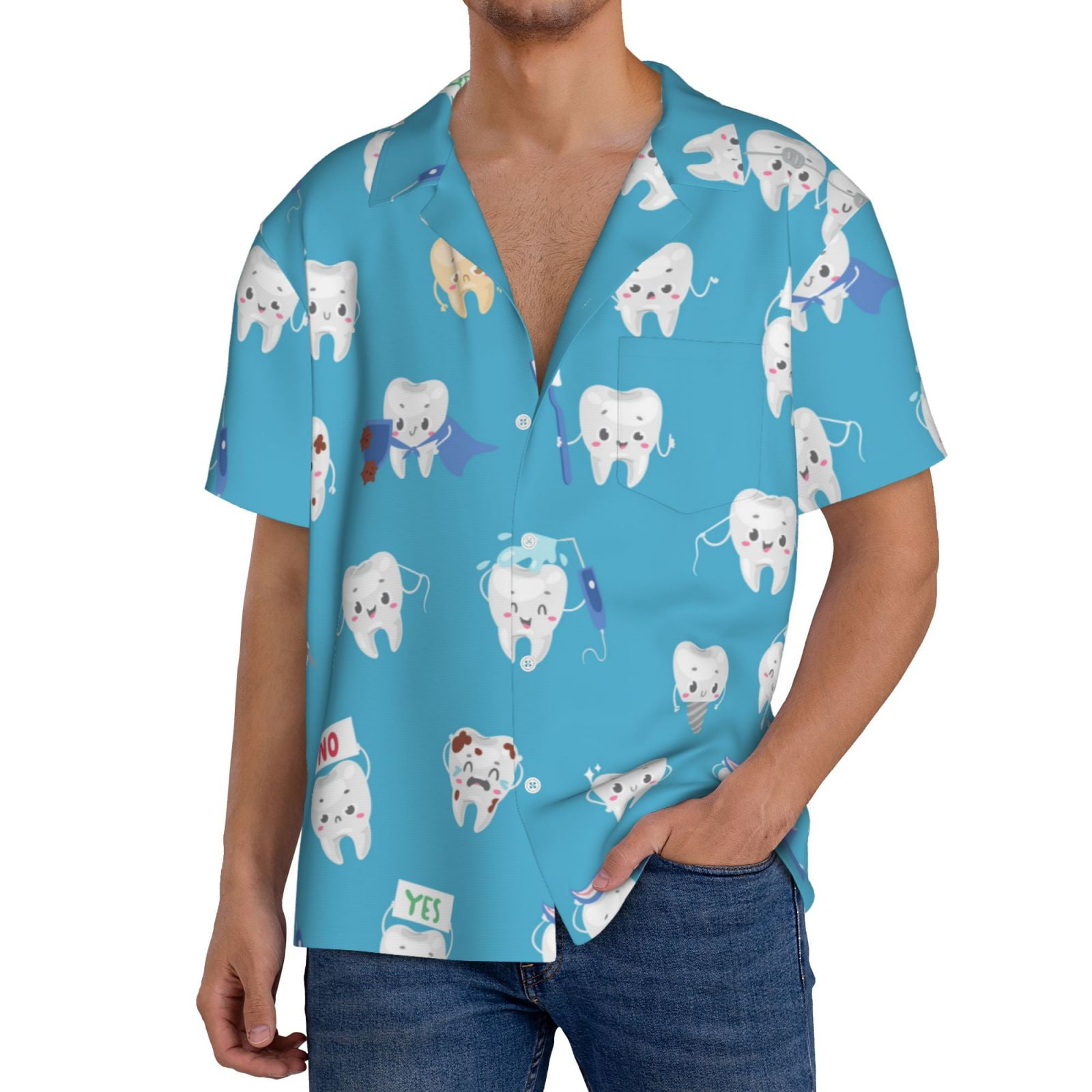 Daiia Cute Healthy Teeth Men's Linen Shirts Short Sleeve Casual Shirts ...