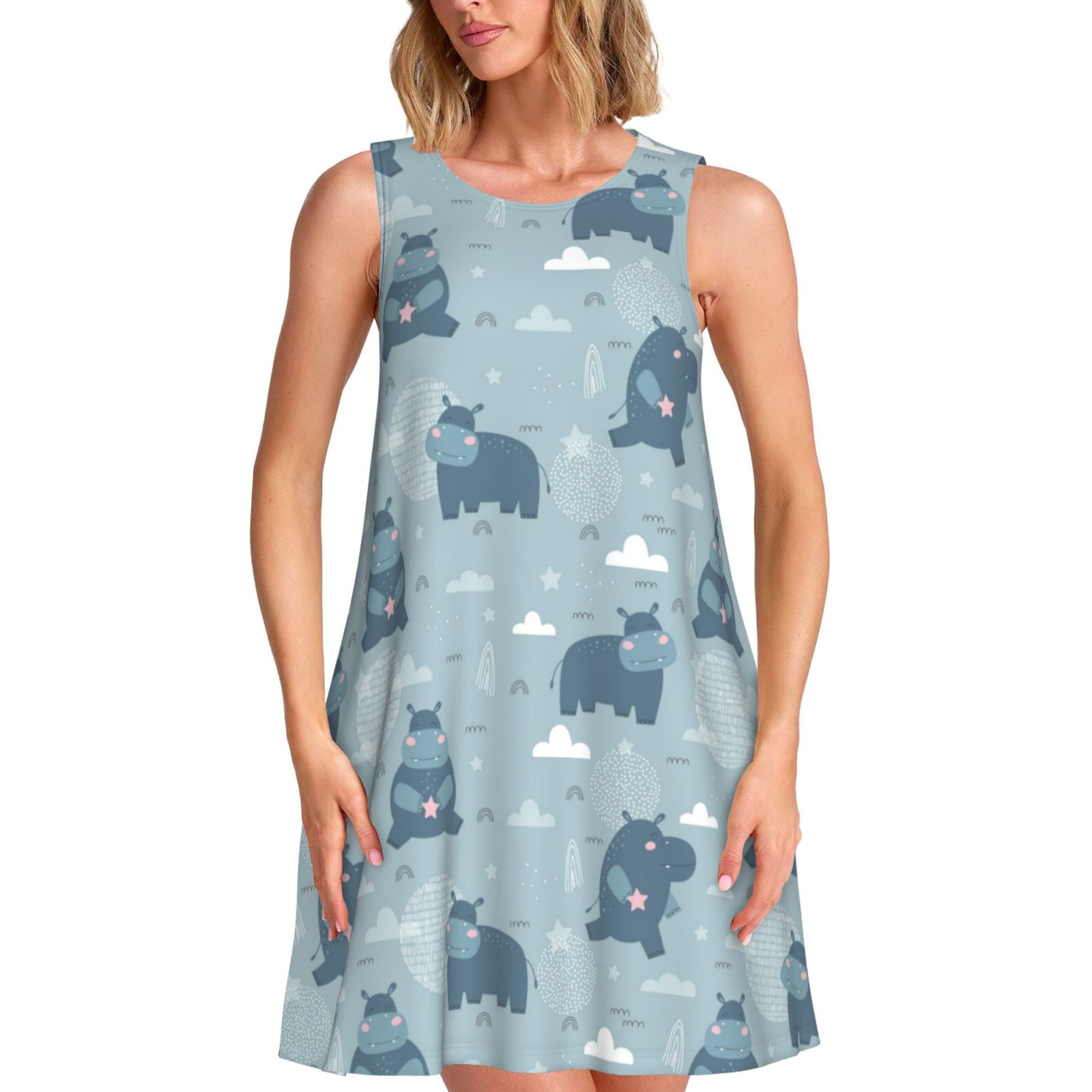 Daiia Cute Hippopotamus Print Women's Dresses 2025 Trendy Short sleeve ...