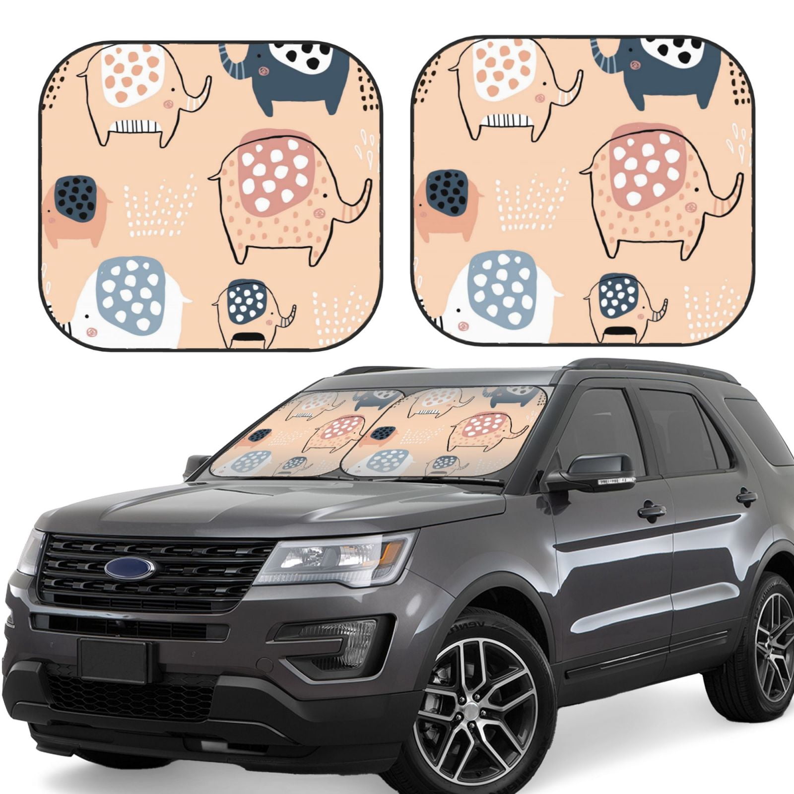Daiia Cute Ink Drawn Elephants Windshield Sun Shade 2 Pack Foldable Car ...