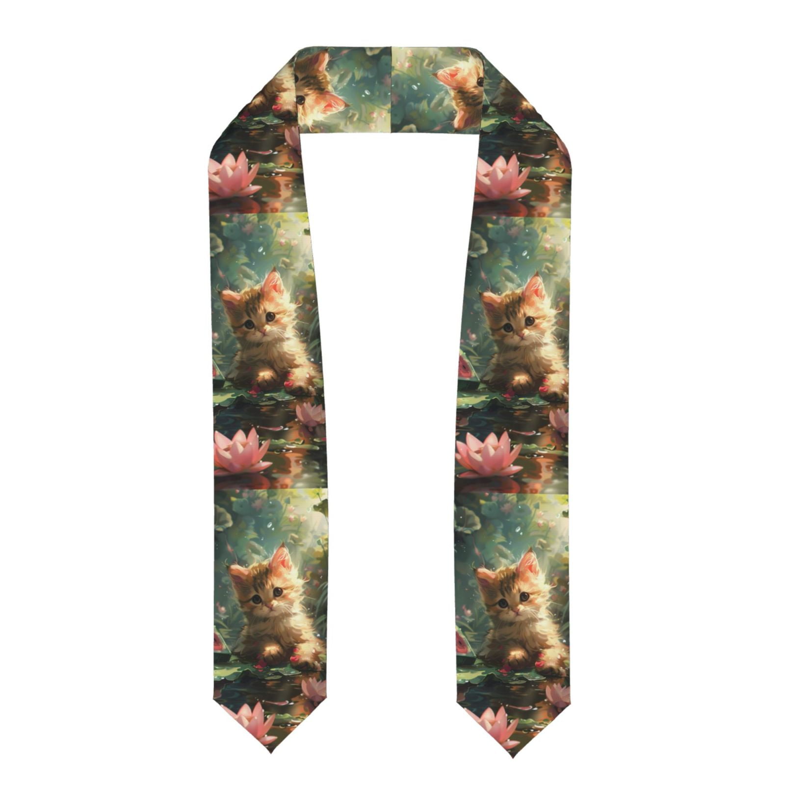 Daiia Cute Kitten Water Lilies Pattern Graduation Shawl Stole – Satin ...