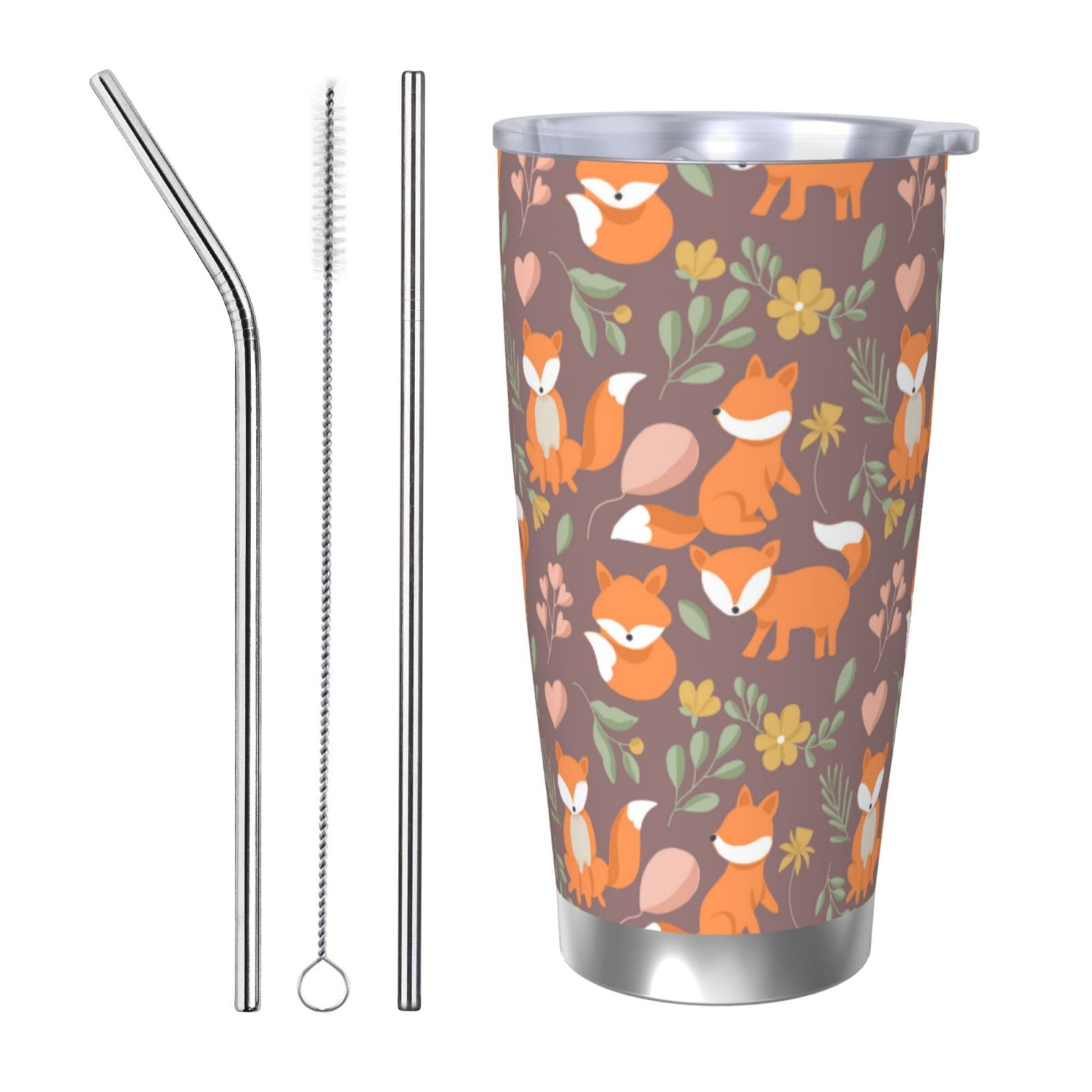 Daiia Cute Little Fox Printed 20oz Insulated Coffee Cup with Straw ...