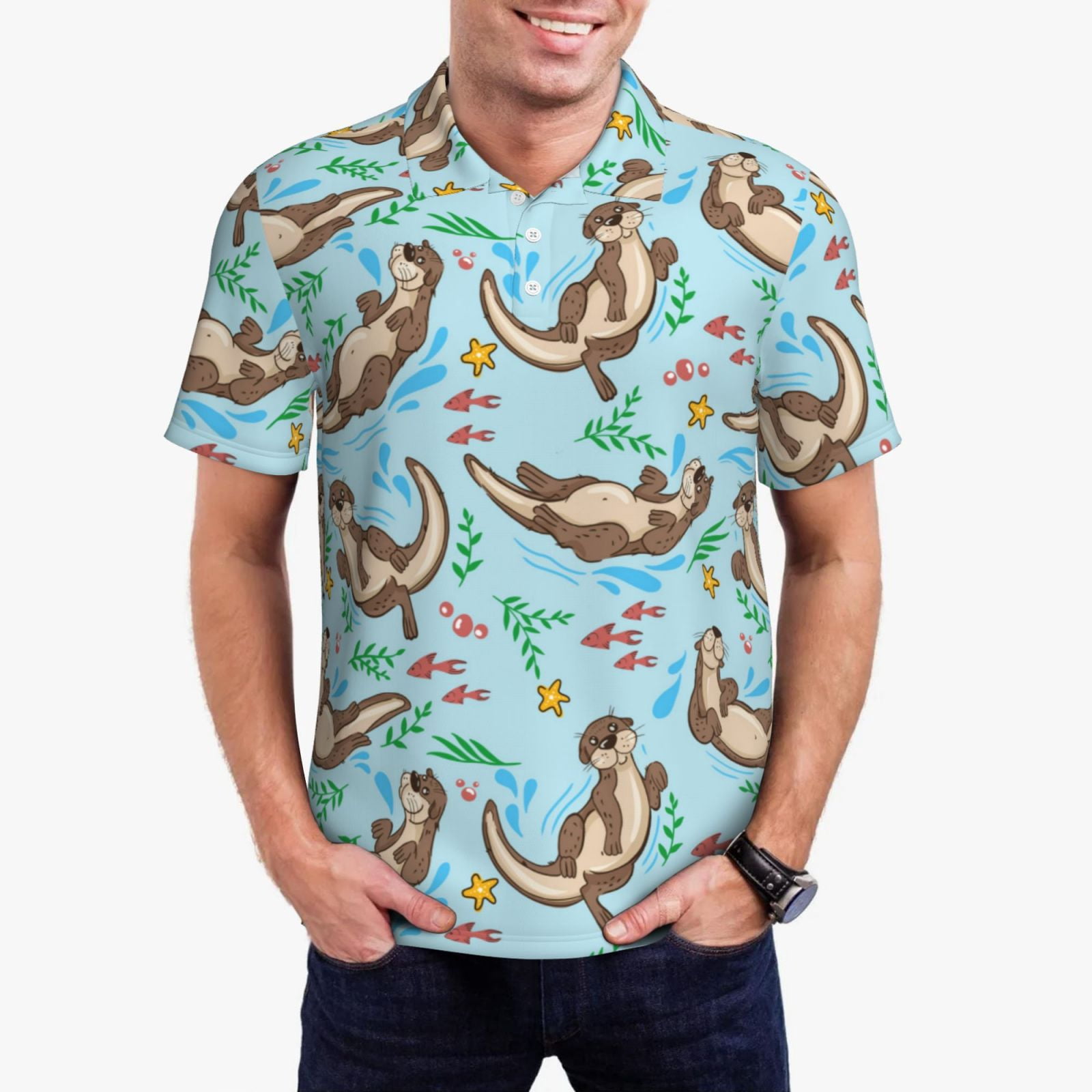 Daiia Cute Otters Pattern Men’s Polo Shirts,Solid Deck Shirt,Classic ...
