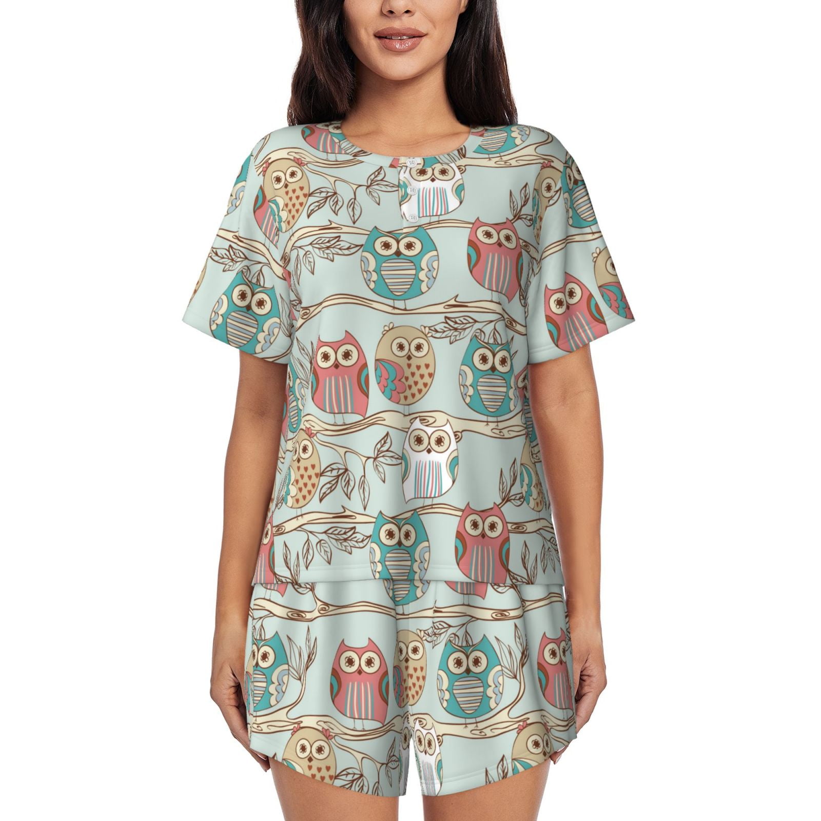 Daiia Cute Owl Pattern Womens Pajama Sets Short Sleeve Pajamas for ...