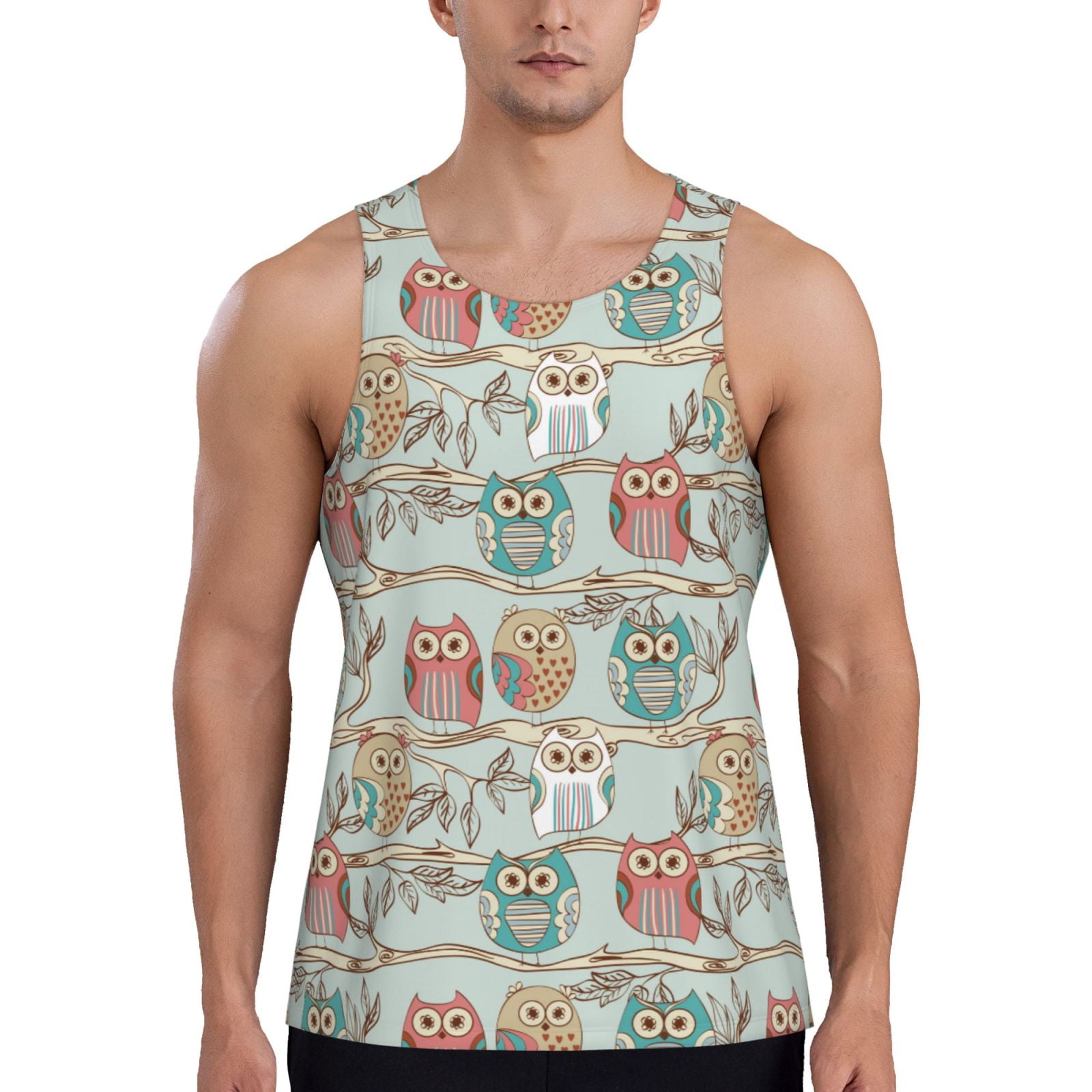 Daiia Cute Owl Printed Men's Quick Dry Fit Muscle Tank Top Slim-Fit ...