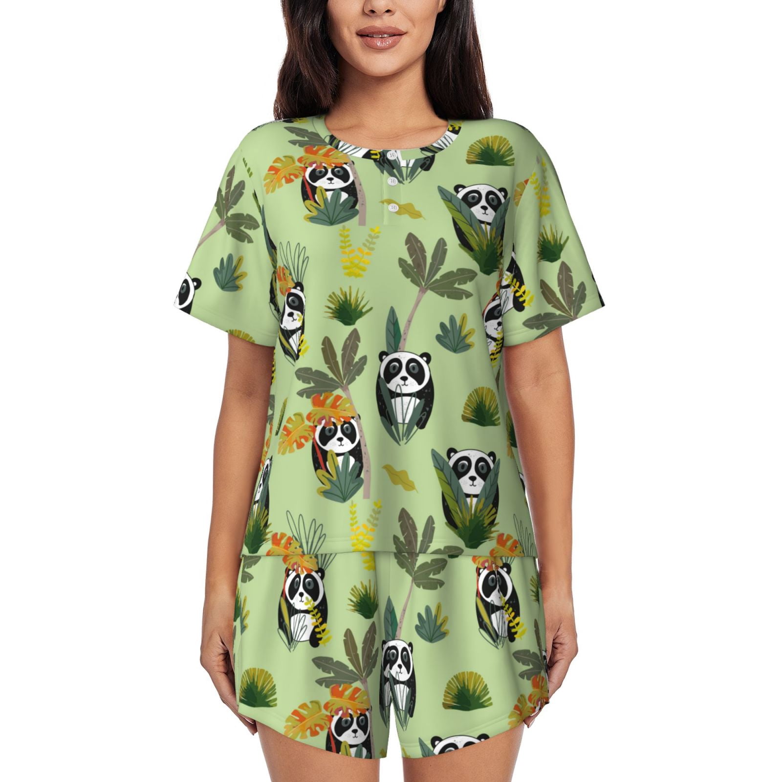 Daiia Cute Panda Bear In Greenery Forest Pattern Womens Pajama Sets ...