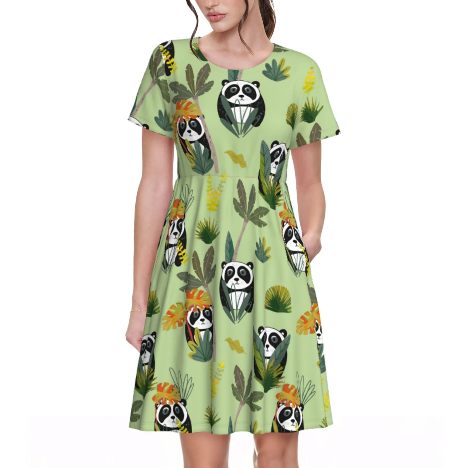 Daiia Cute Panda Bear In Greenery Forest Print Women's Dresses 2025 ...