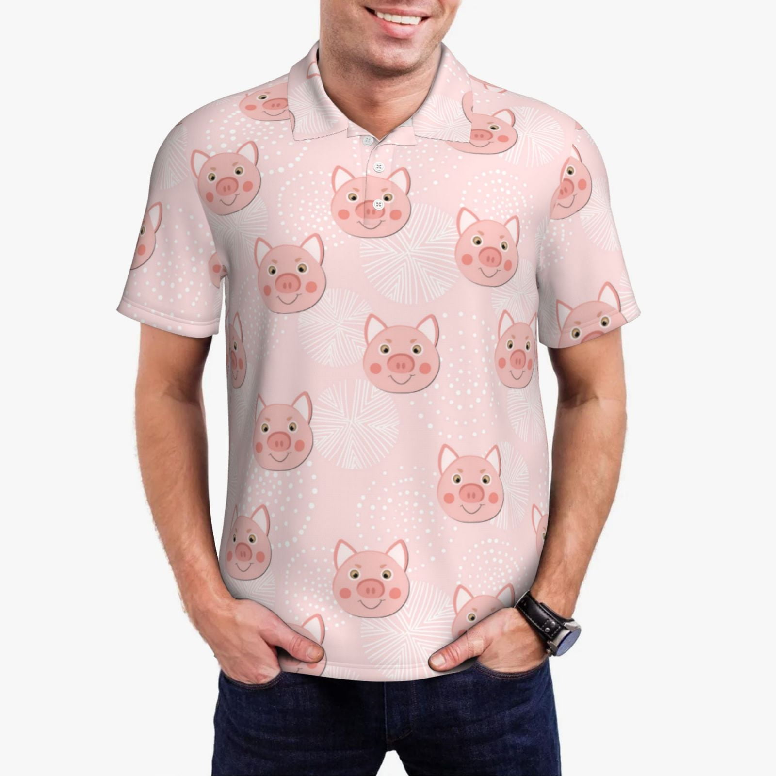 Daiia Cute Pig Face Pattern Men’s Polo Shirts,Solid Deck Shirt,Classic ...