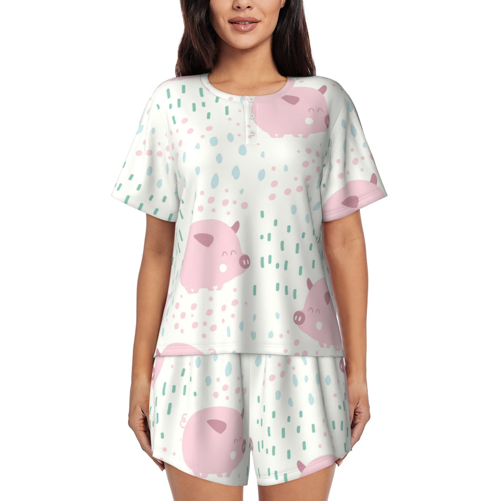 Daiia Cute Pigs Pattern Womens Pajama Sets Short Sleeve Pajamas for ...