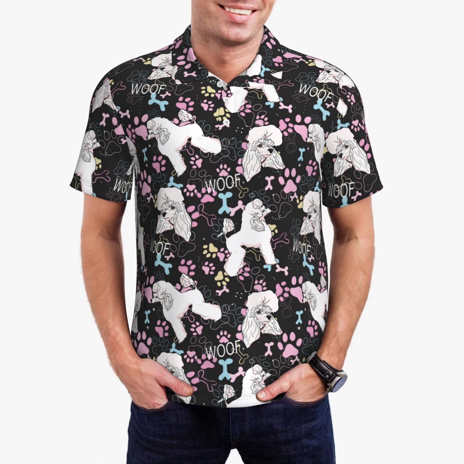 Daiia Cute Poodle Dog Pattern Men’s Polo Shirts,Solid Deck Shirt ...