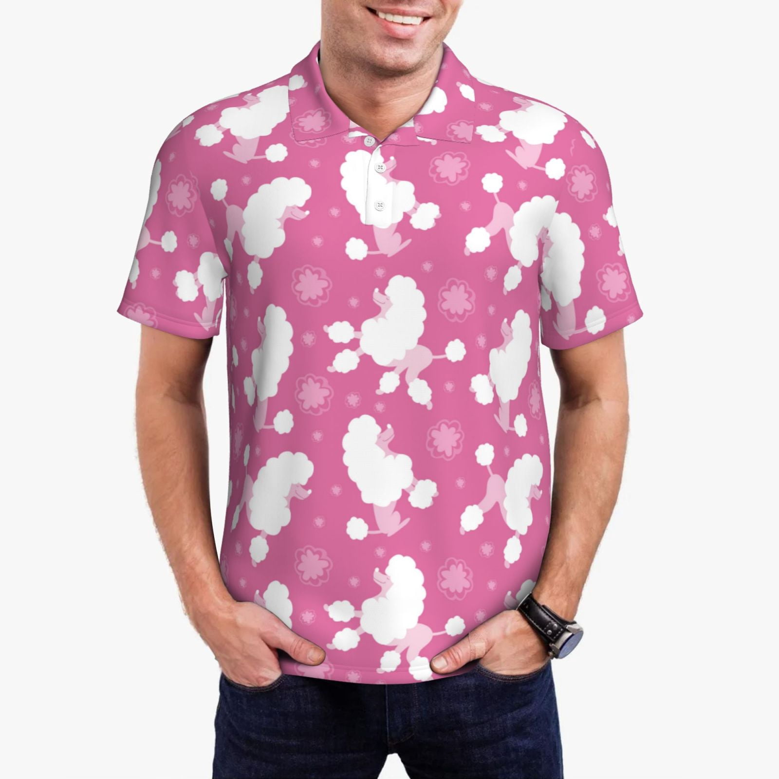 Daiia Cute Poodle Dog Pattern Men’s Polo Shirts,Solid Deck Shirt ...