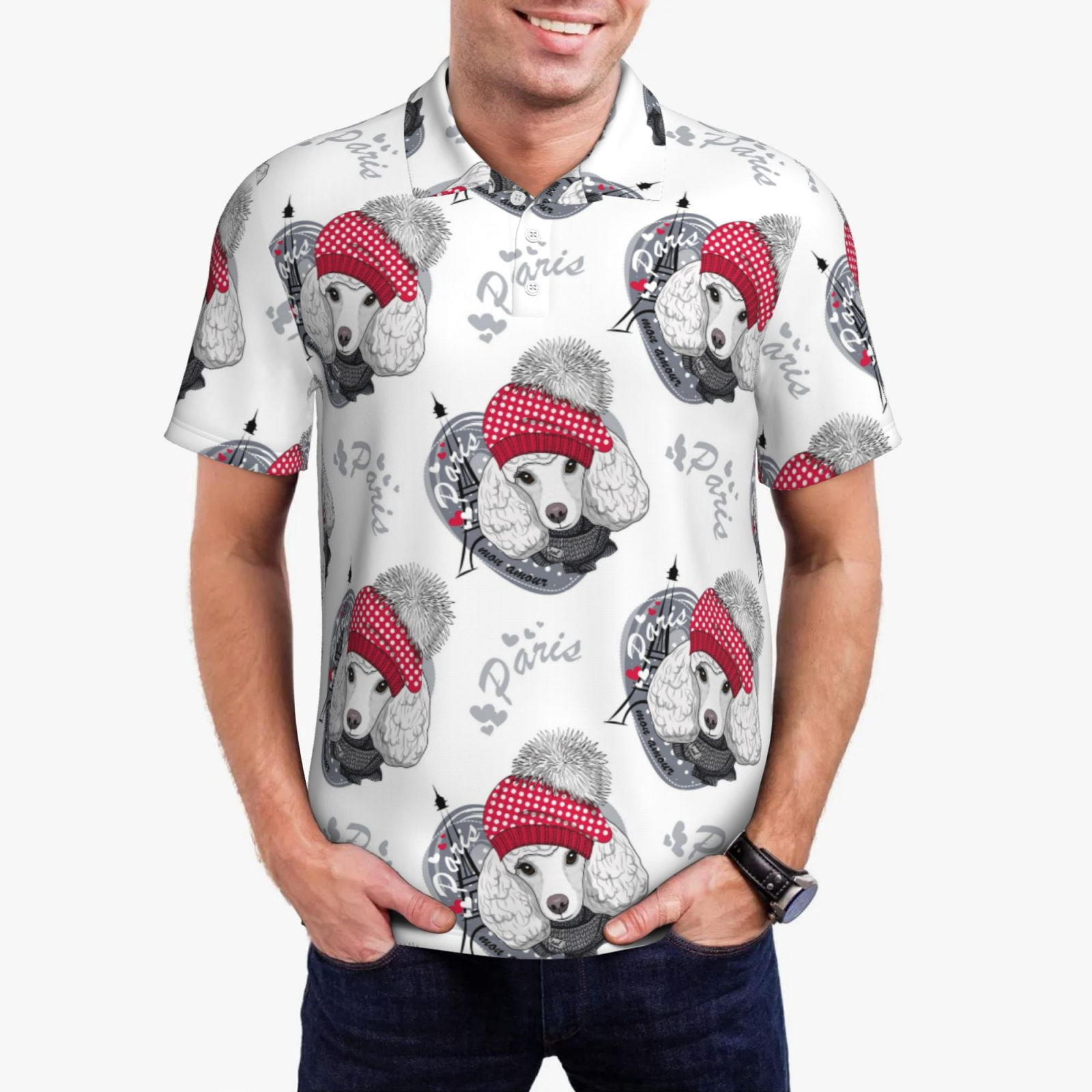 Daiia Cute Poodle Dog Pattern Men’s Polo Shirts,Solid Deck Shirt ...