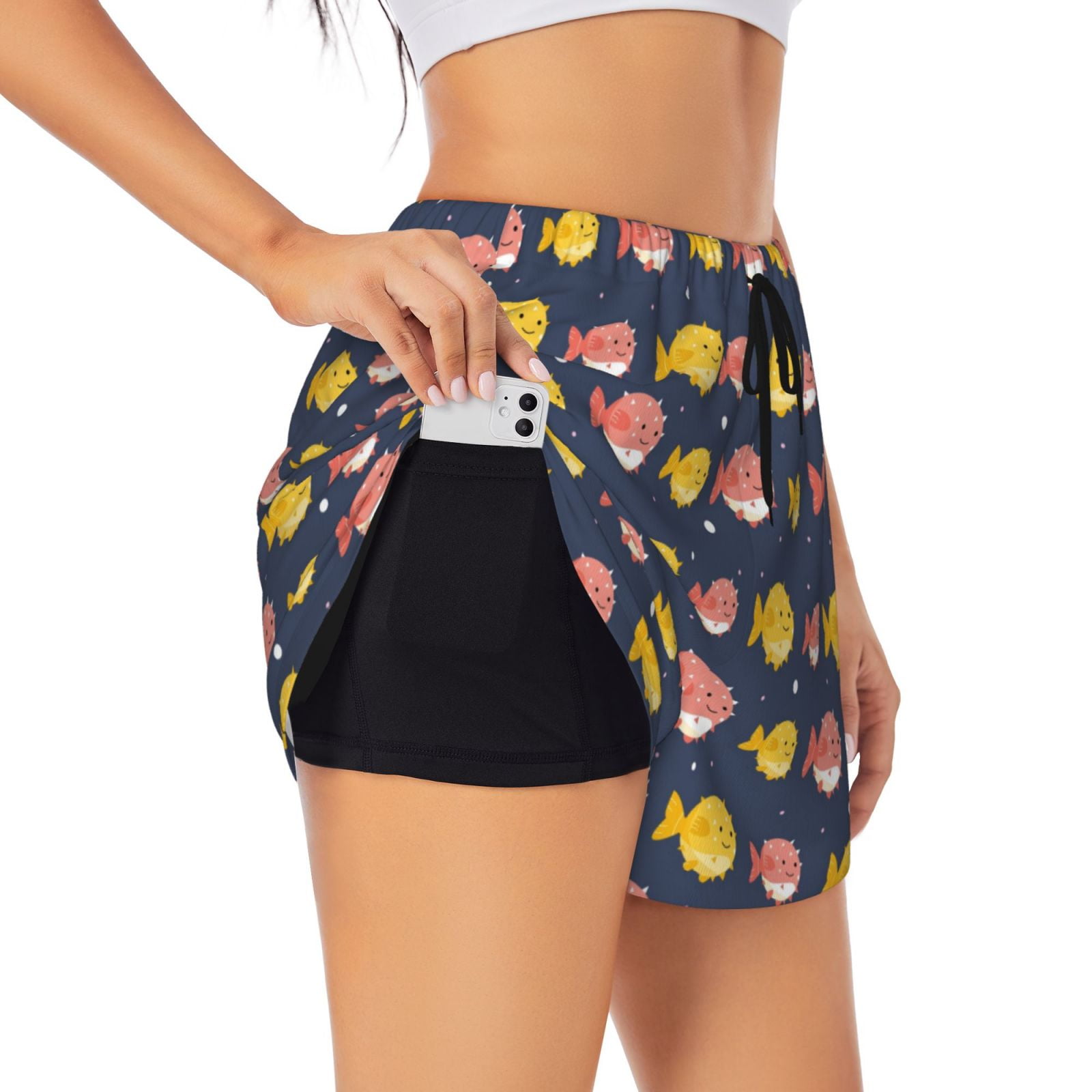 Daiia Cute Puffer Fish Pattern Women's 2 in 1 Running Shorts ...
