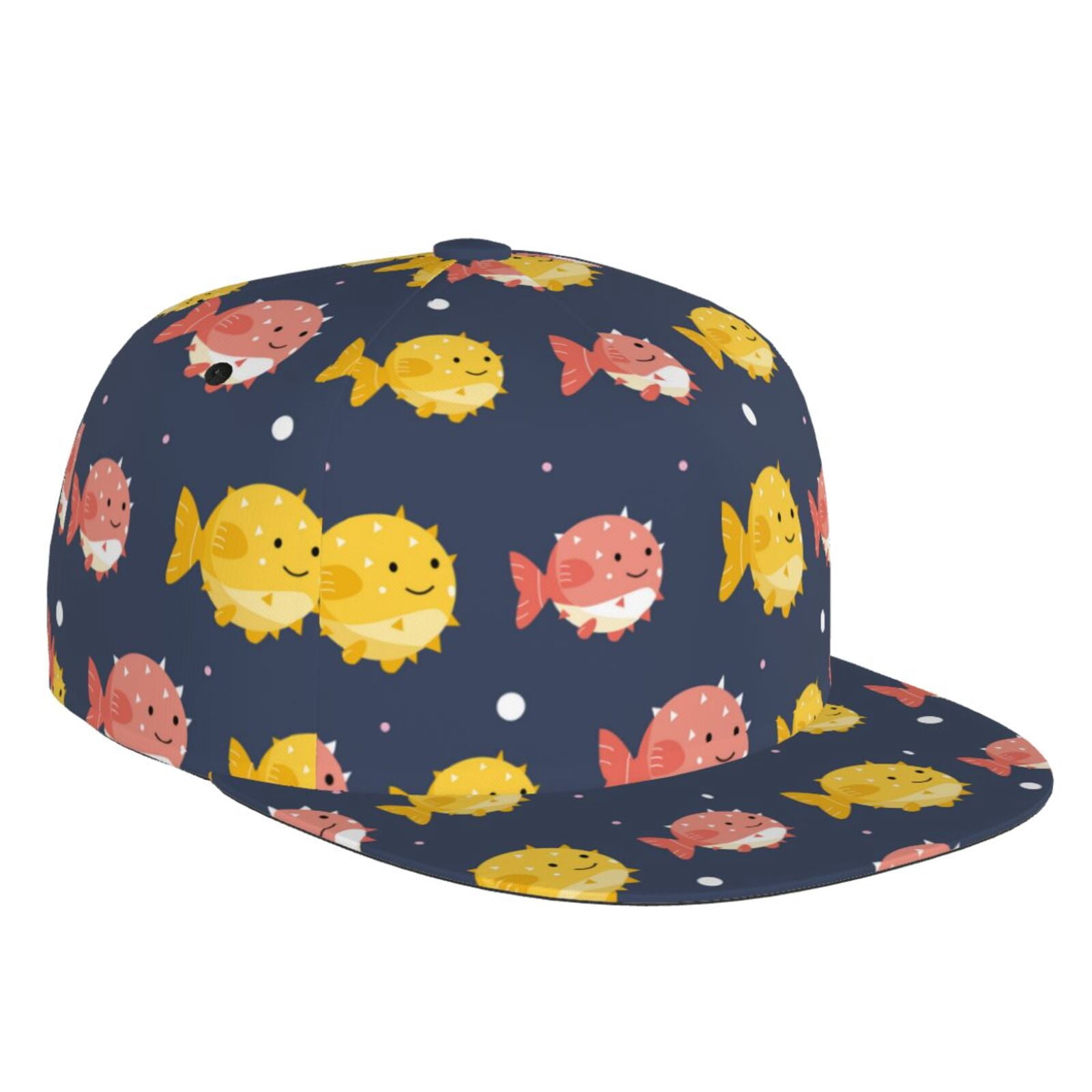 Daiia Cute Puffer Fish print Flat Bill Hats Flat Brim Trucker Cap ...
