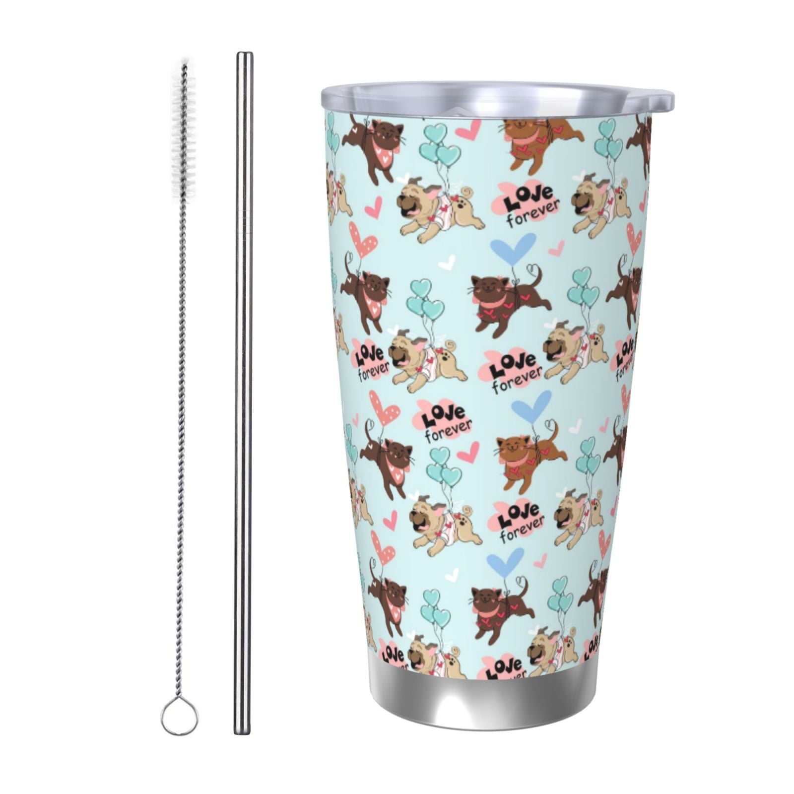 Daiia Cute Pug Dogs Printed 20oz Insulated Coffee Cup with Straw Topper ...
