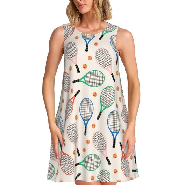 Daiia Cute Tennis Racket Print Women's Dresses 2025 Trendy Short sleeve ...