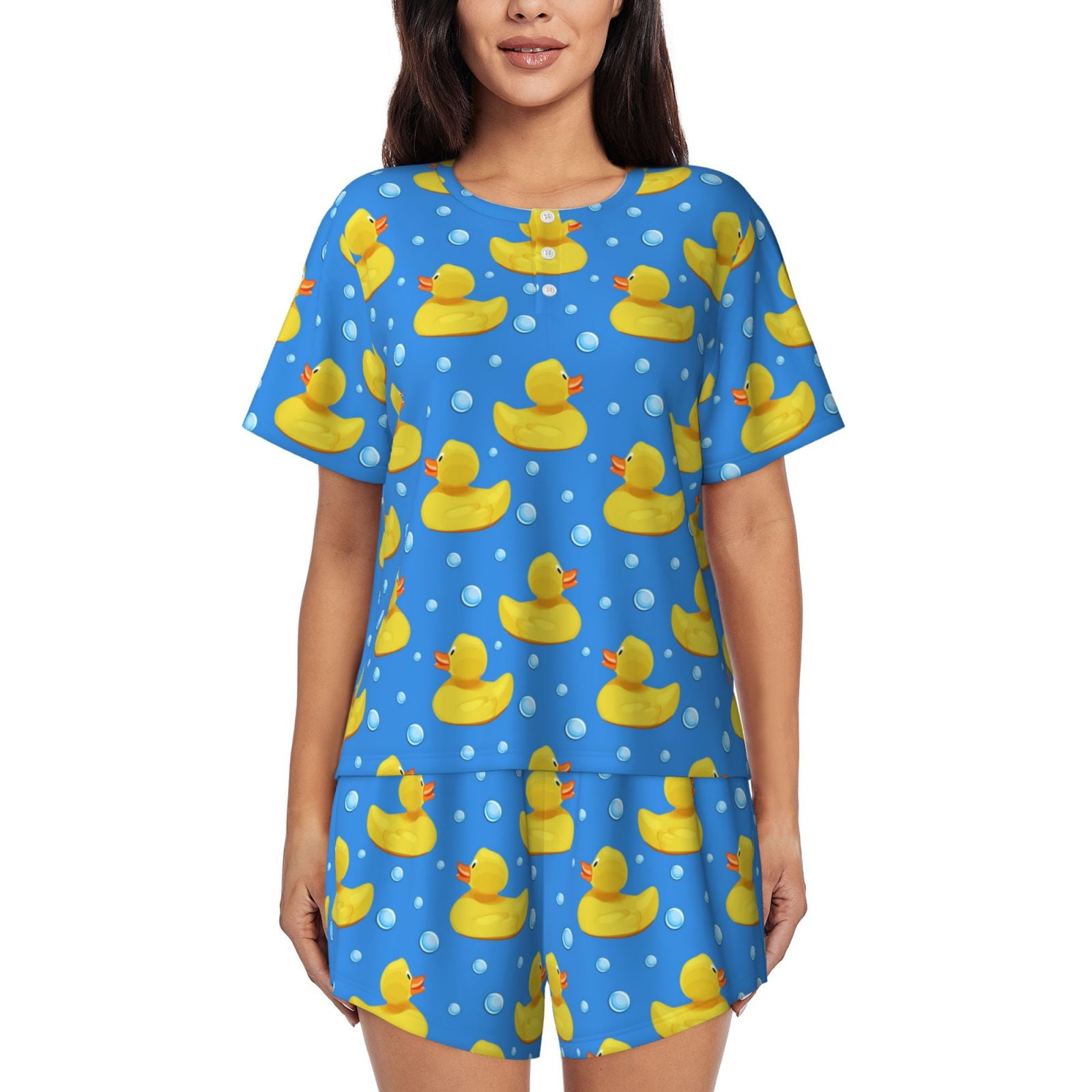 Daiia Cute Yellow Rubber Ducks Pattern Womens Pajama Sets Short Sleeve ...