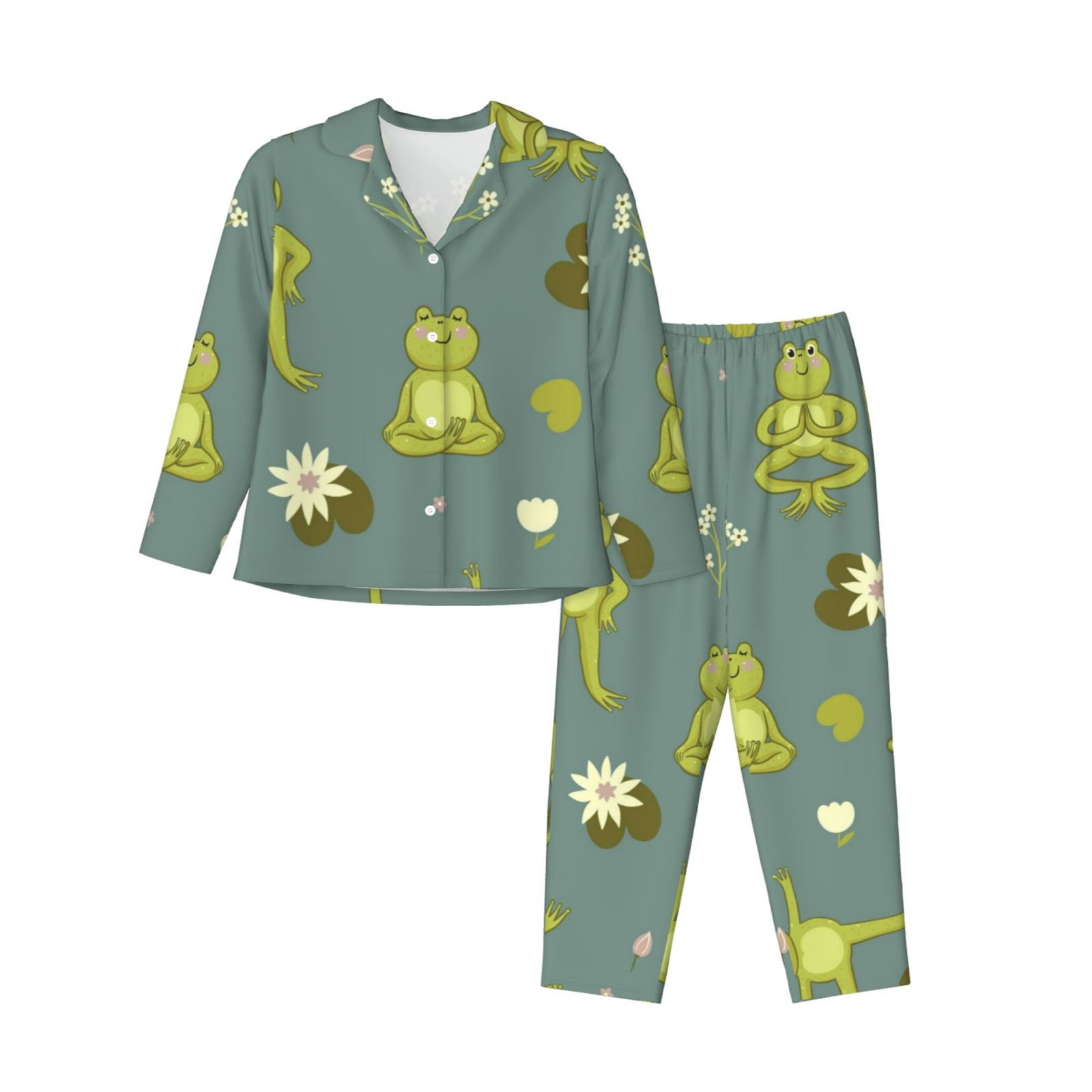 Daiia Cute Yoga Frogs for Women's Long-Sleeved Pajama Set – Soft & Comfortable Sleepwear Button ...