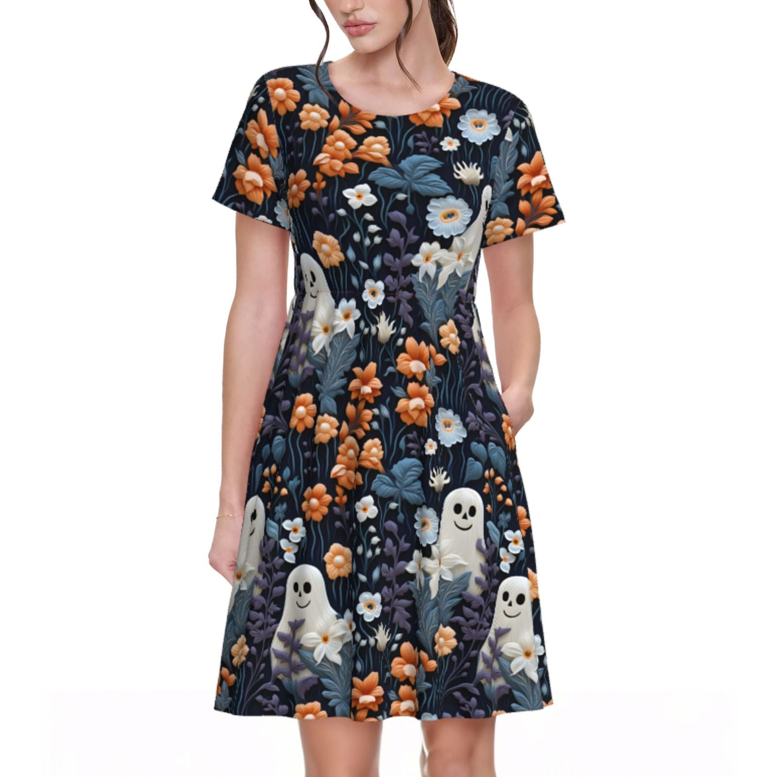 Daiia Cute ghost in the flowers Print Women's Dresses 2025 Trendy Short sleeve Dresses Casual ...