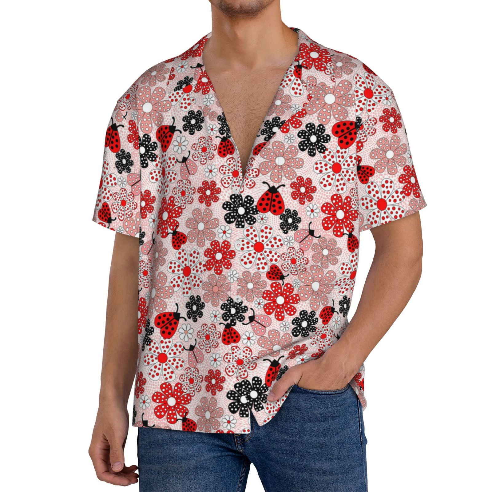 Daiia Cute ladybugs red Pattern Men's Linen Shirts Short Sleeve Casual ...