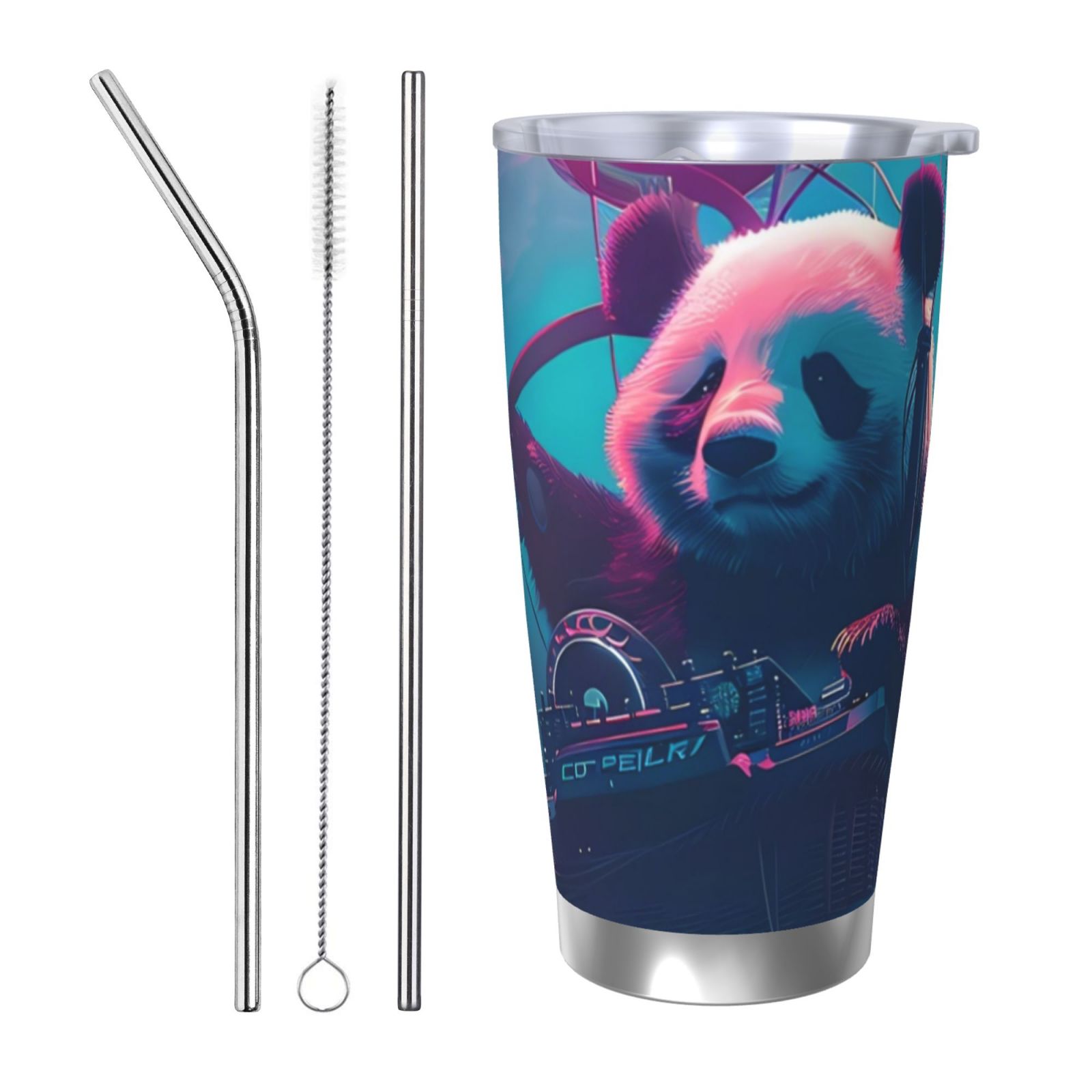Daiia DJ Panda Hot Air Balloon Printed 20oz Insulated Coffee Cup with Straw Topper, Fully Spill ...