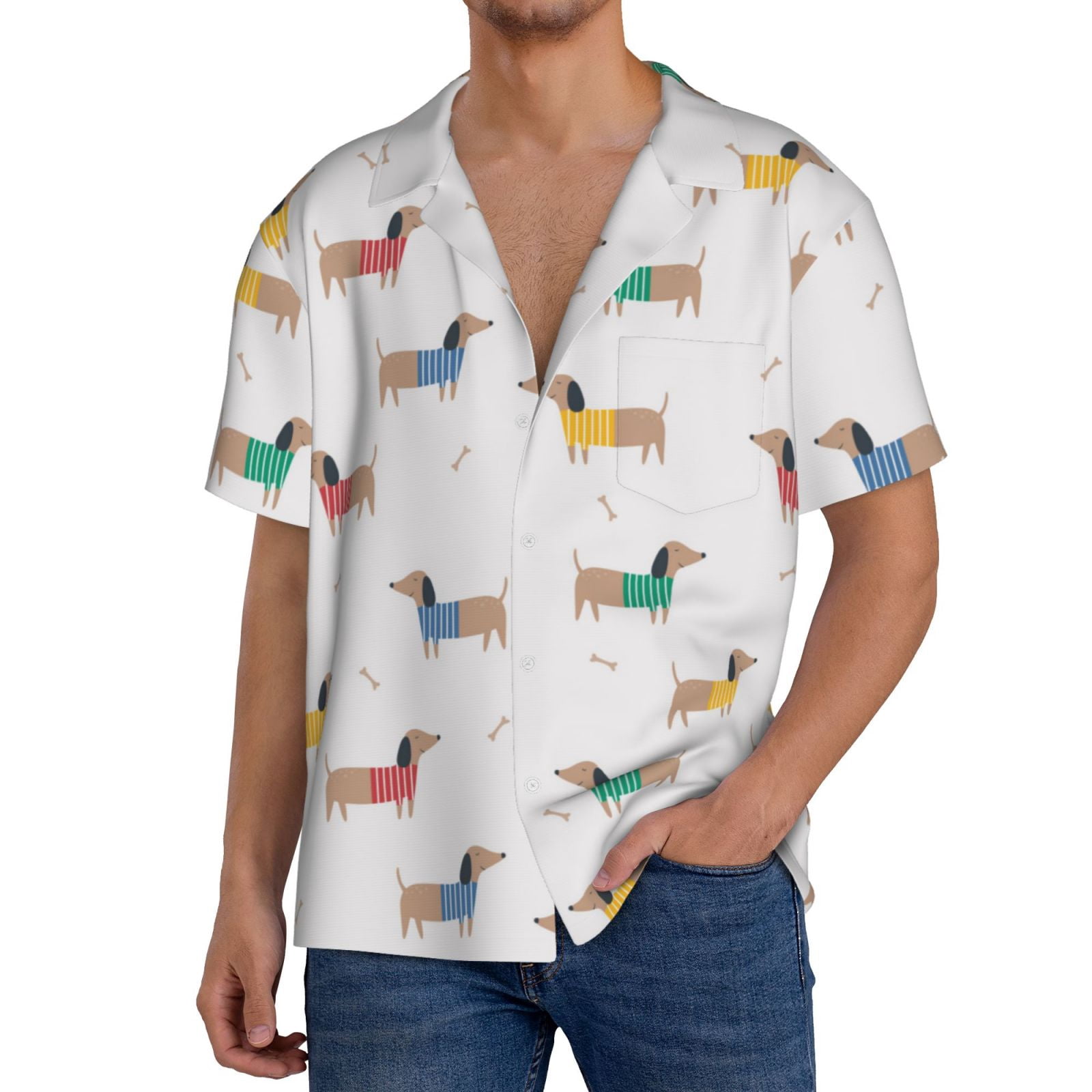 Daiia Dachshund Dog Puppy Men's Linen Shirts Short Sleeve Casual Shirts ...