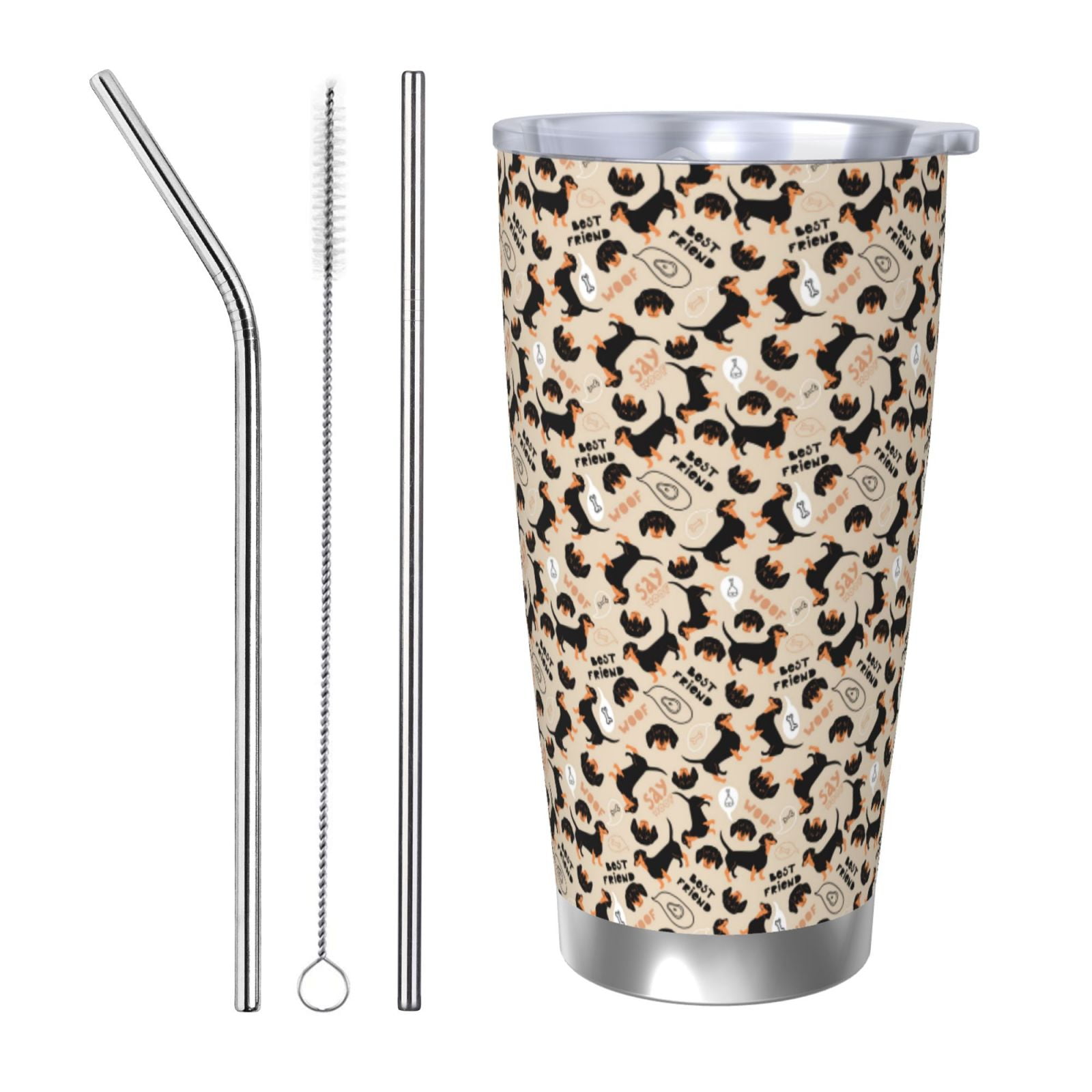 Daiia Dachshund Dog Puppy Printed 20oz Insulated Coffee Cup with Straw ...