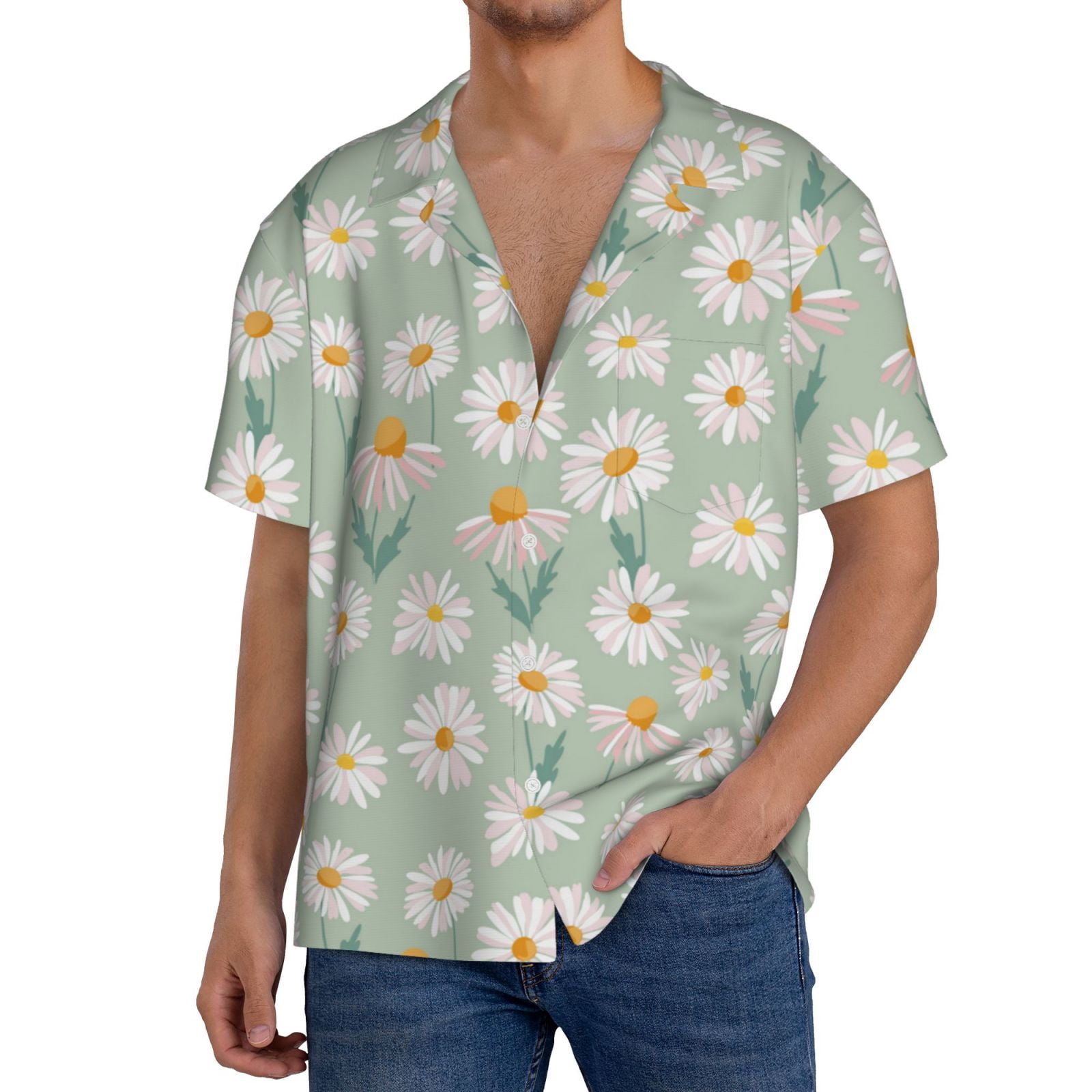 Daiia Daisies Flowers Men's Linen Shirts Short Sleeve Casual Shirts ...