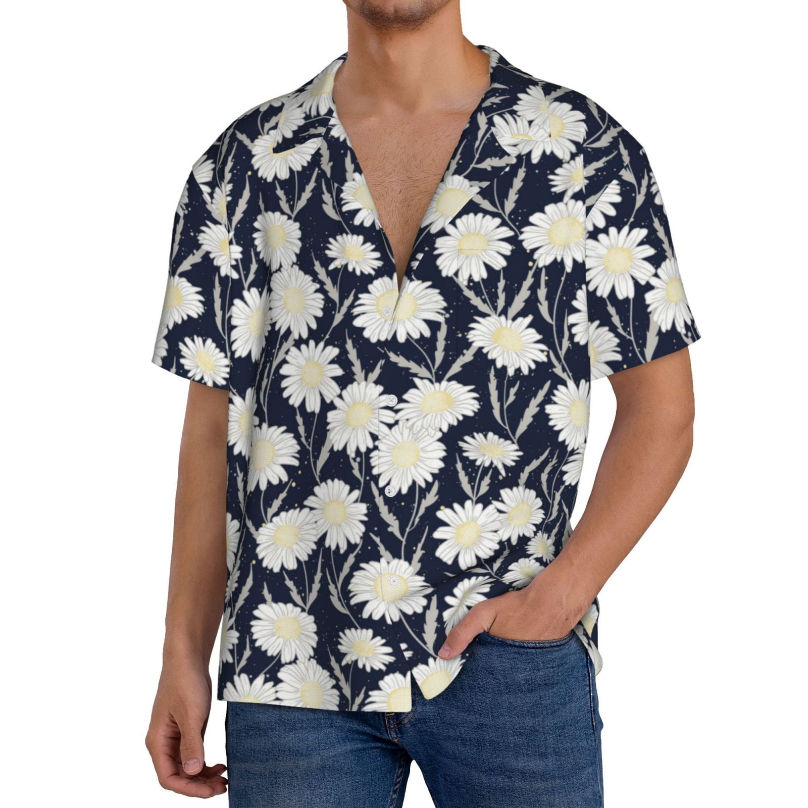 Daiia Daisies Flowers Men's Linen Shirts Short Sleeve Casual Shirts ...