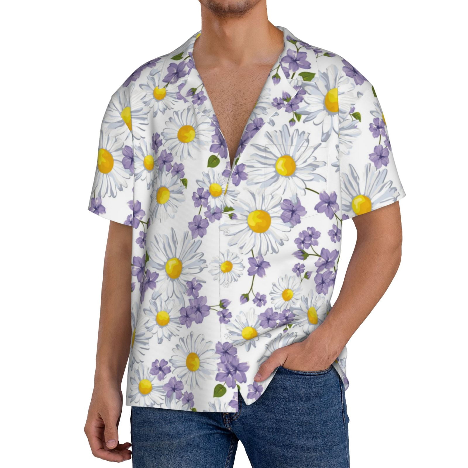 Daiia Daisies Flowers Men's Linen Shirts Short Sleeve Casual Shirts ...