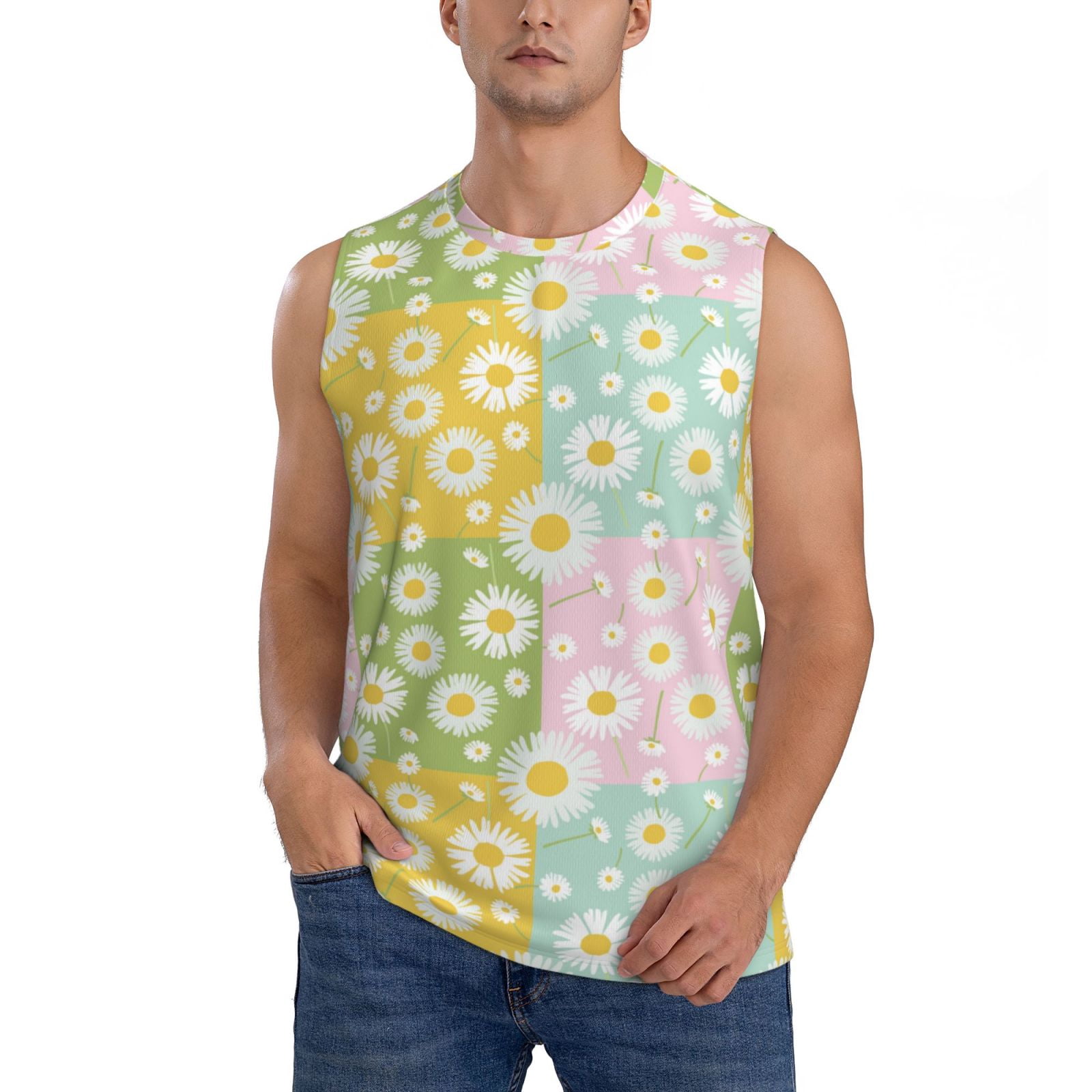 Daiia Daisies Flowers Printed Men's Tank Tops,Casual Soft Sleeveless ...