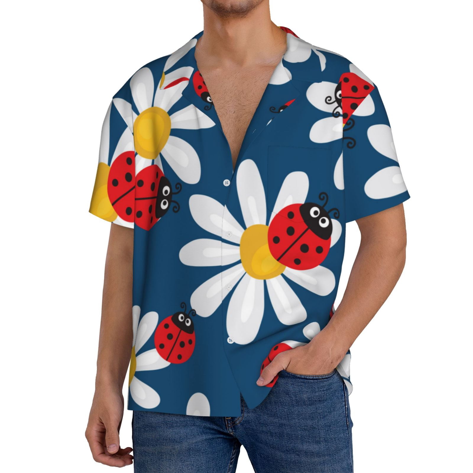 Daiia Daisies With Ladybugs Men's Linen Shirts Short Sleeve Casual ...