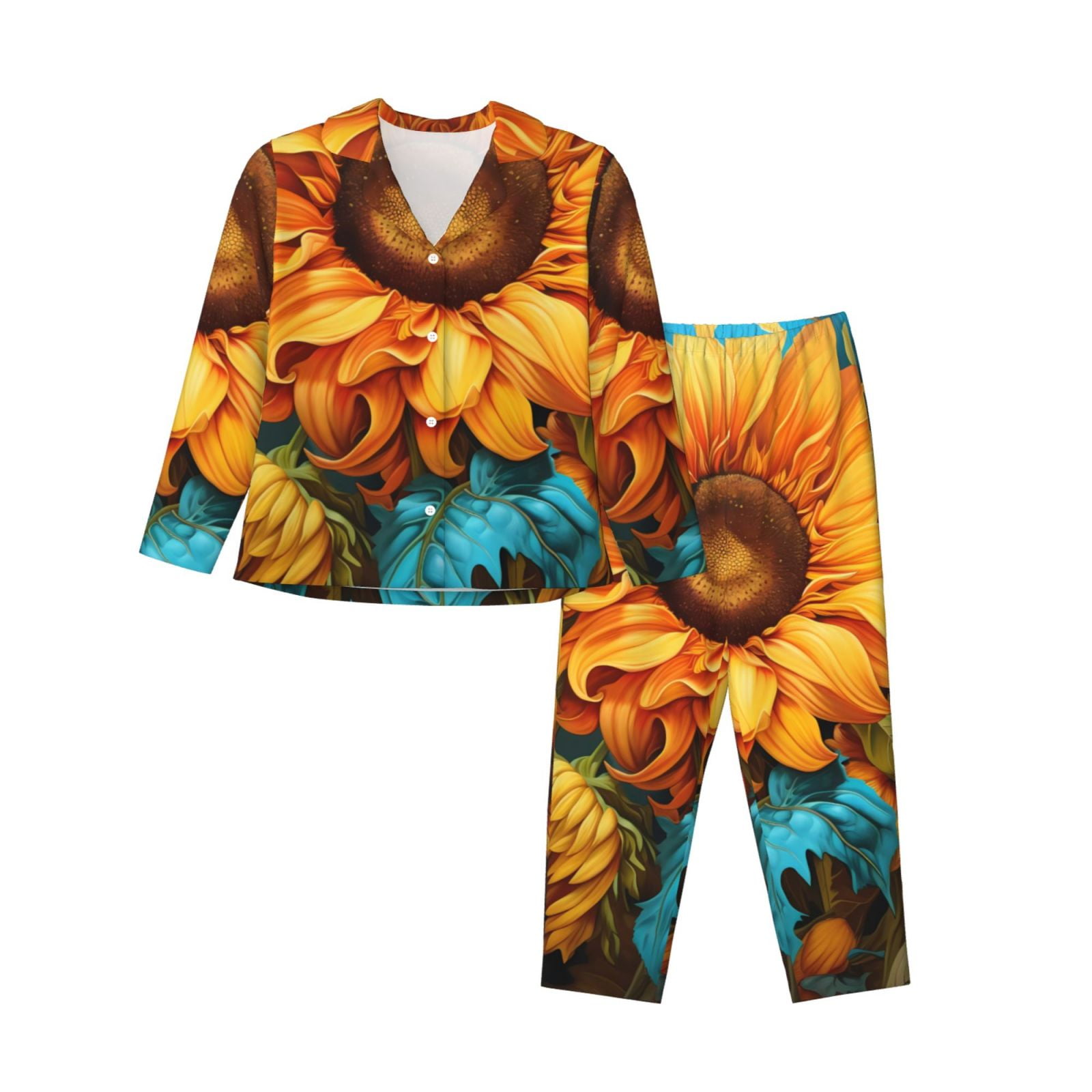 Daiia Deep Yellow Colorful Sunflower for Women's Long-Sleeved Pajama ...
