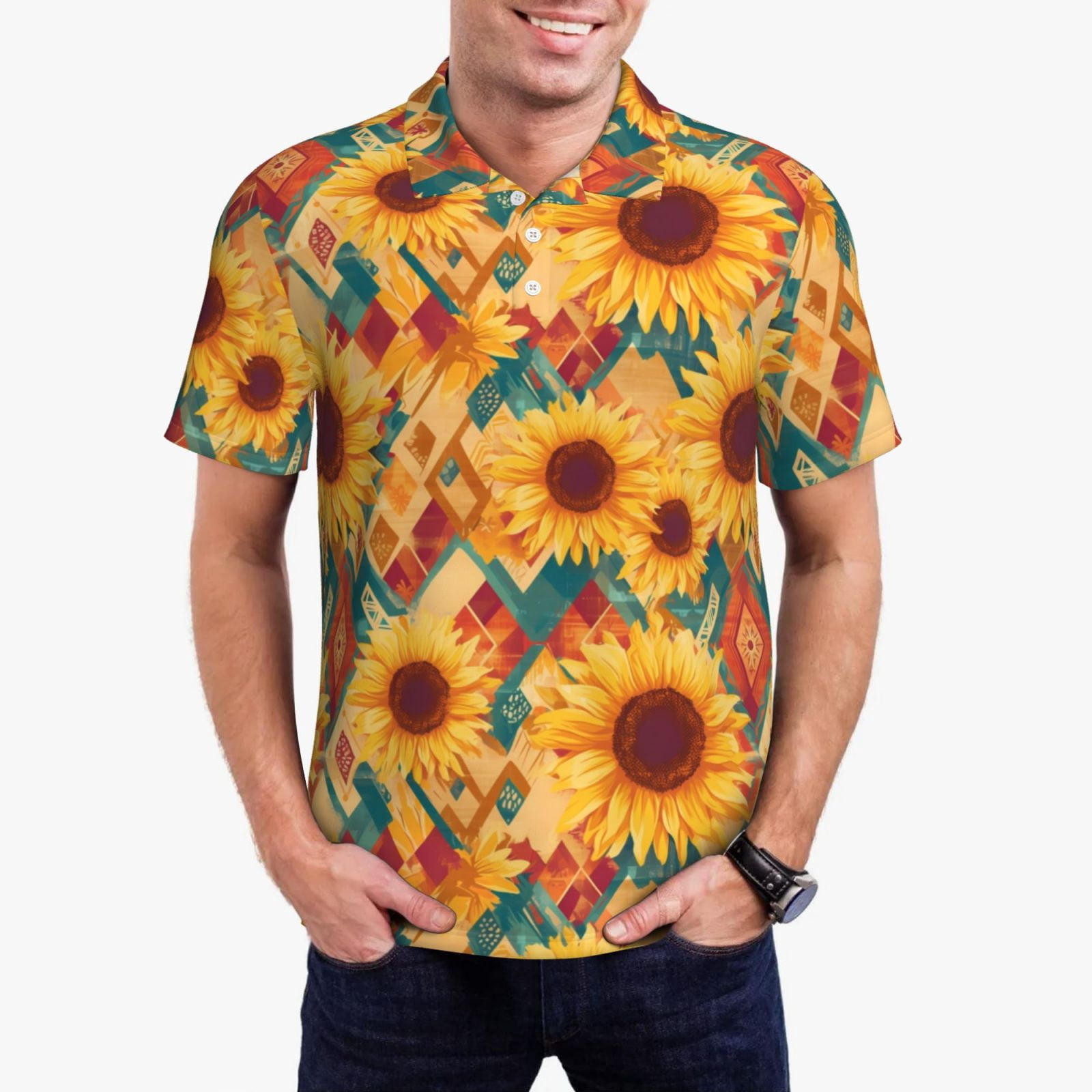 Daiia Diamond Bohemian Sunflower Pattern Men’s Polo Shirts,Solid Deck ...