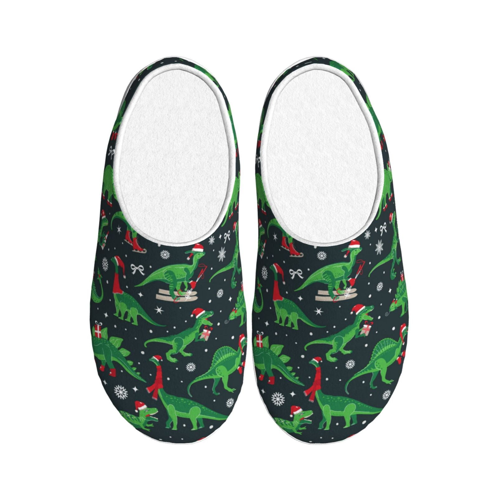 Daiia Dino Christmas Party Print Women’s Fuzzy Slippers Memory Foam ...